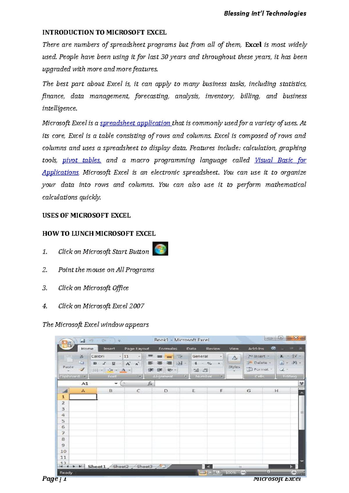 Introduction TO Microsoft Excel - INTRODUCTION TO MICROSOFT EXCEL There ...