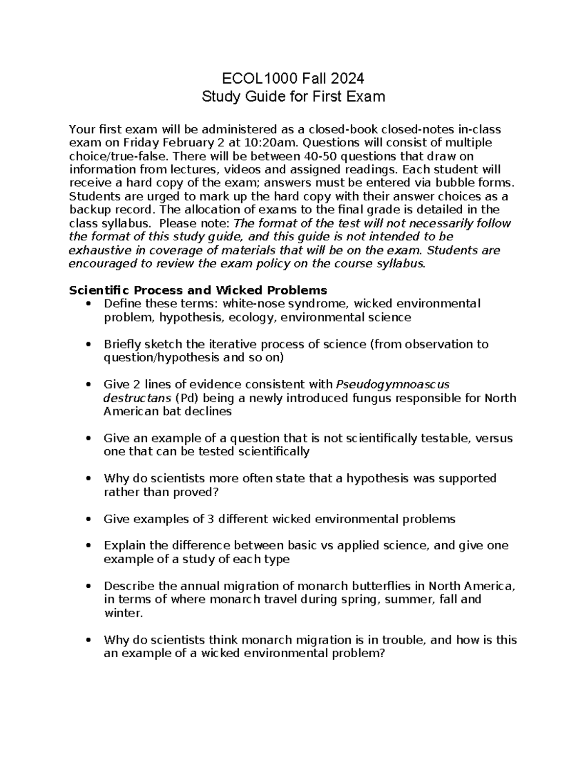 ECOL 1000 Exam 1 Study Guide 2024 - ECOL1000 Fall 2024 Study Guide for ...