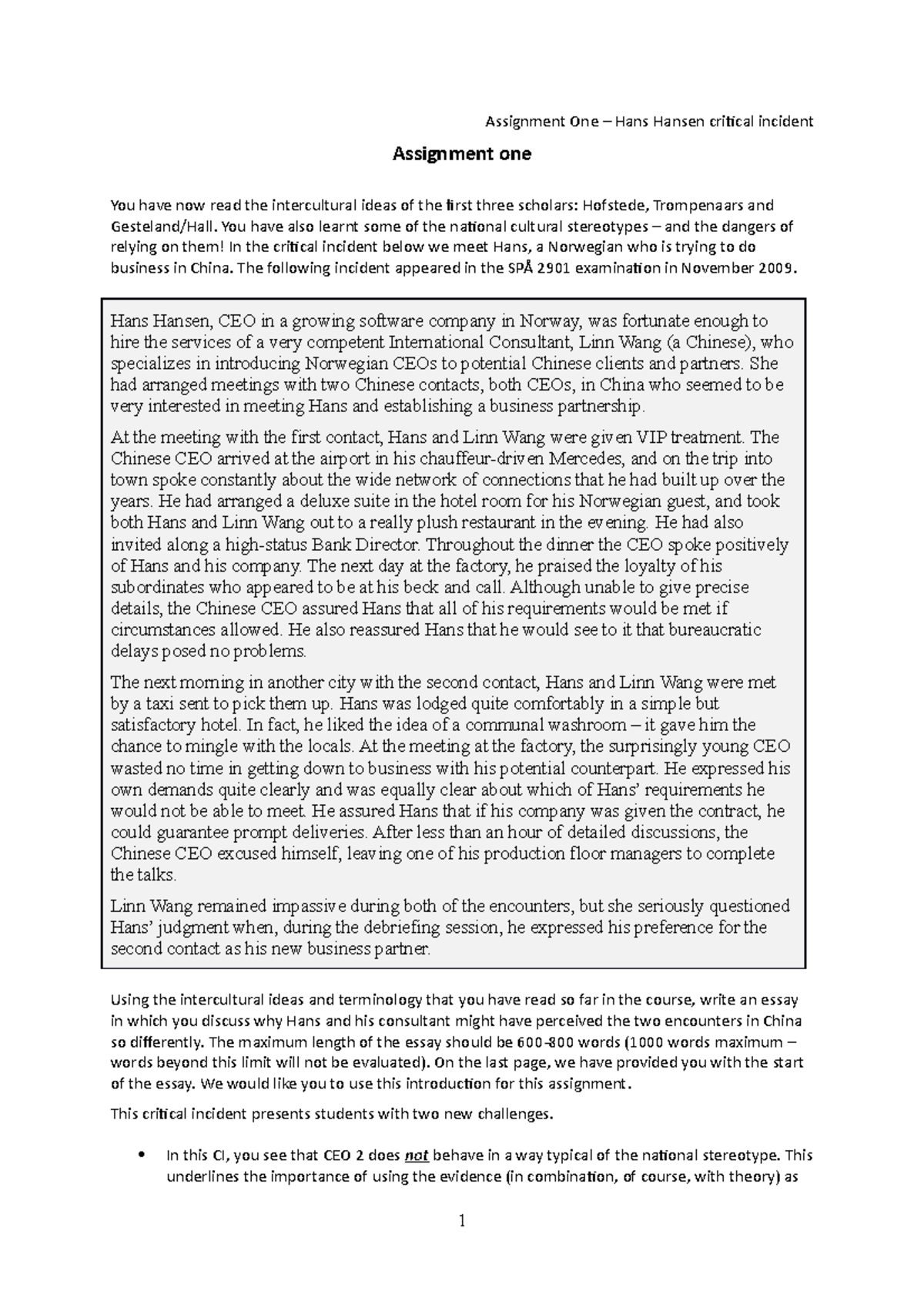 Assignment One - Hans Hansen critical incident - Assignment One – Hans ...