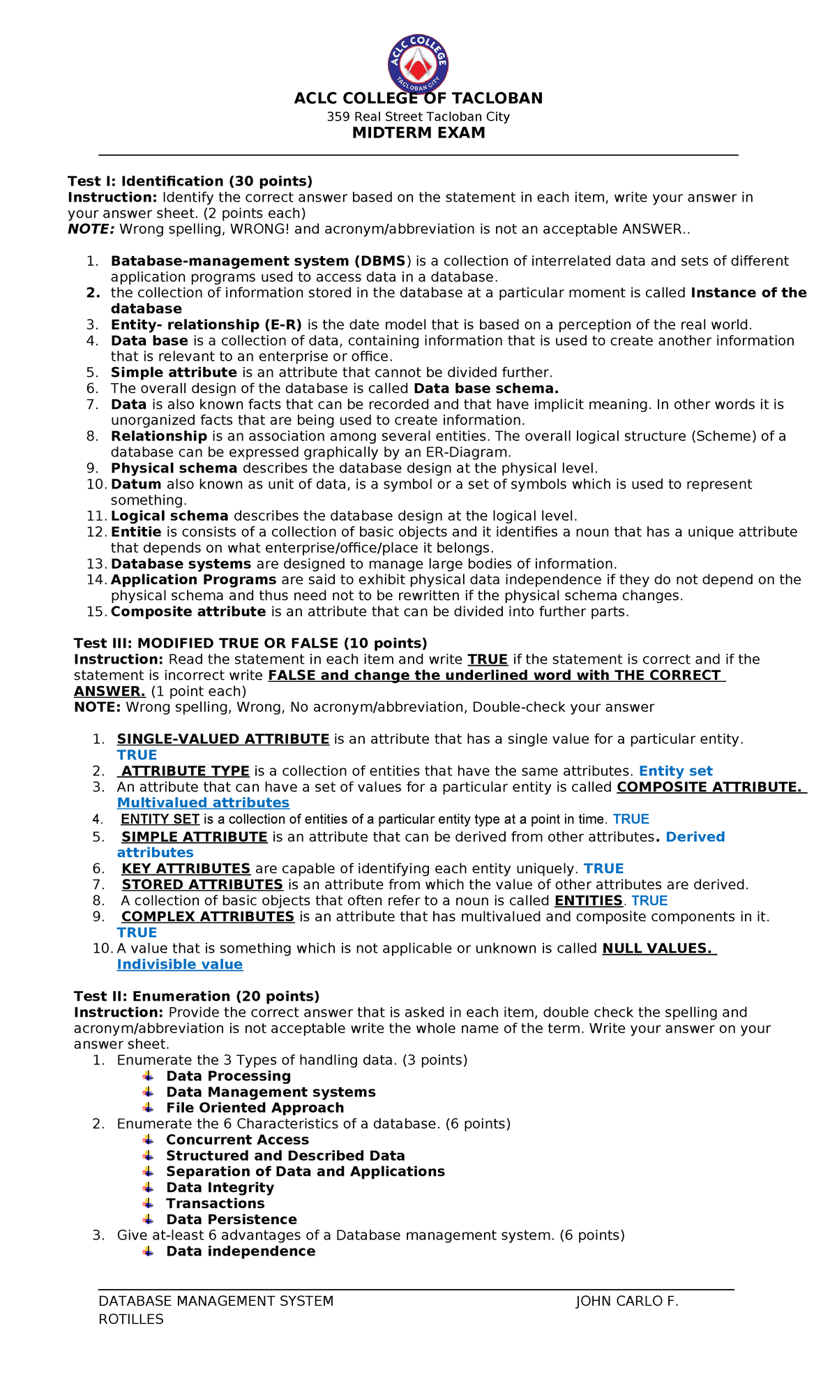 2022 Midterm Exam Dbms Aclc College Of Tacloban 359 Real Street Tacloban City Midterm Exam