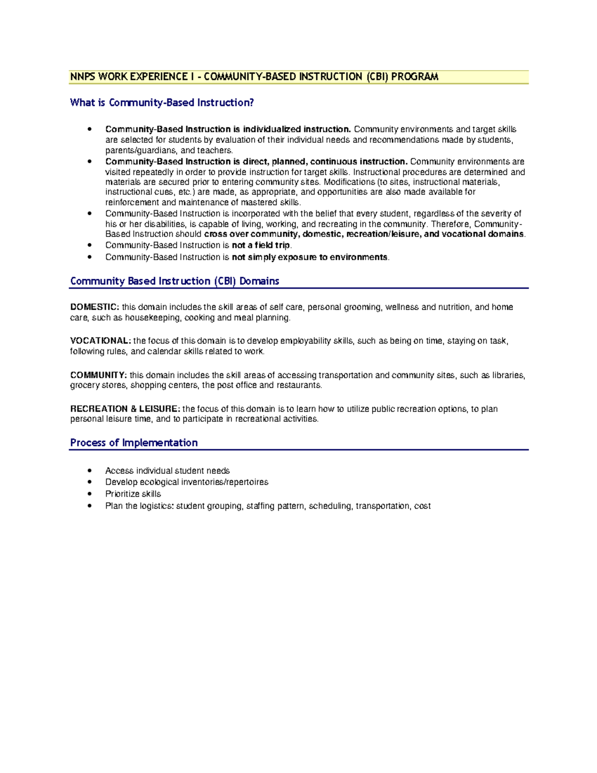 Community-based-instruction - NNPS WORK EXPERIENCE I - COMMUNITY-BASED ...