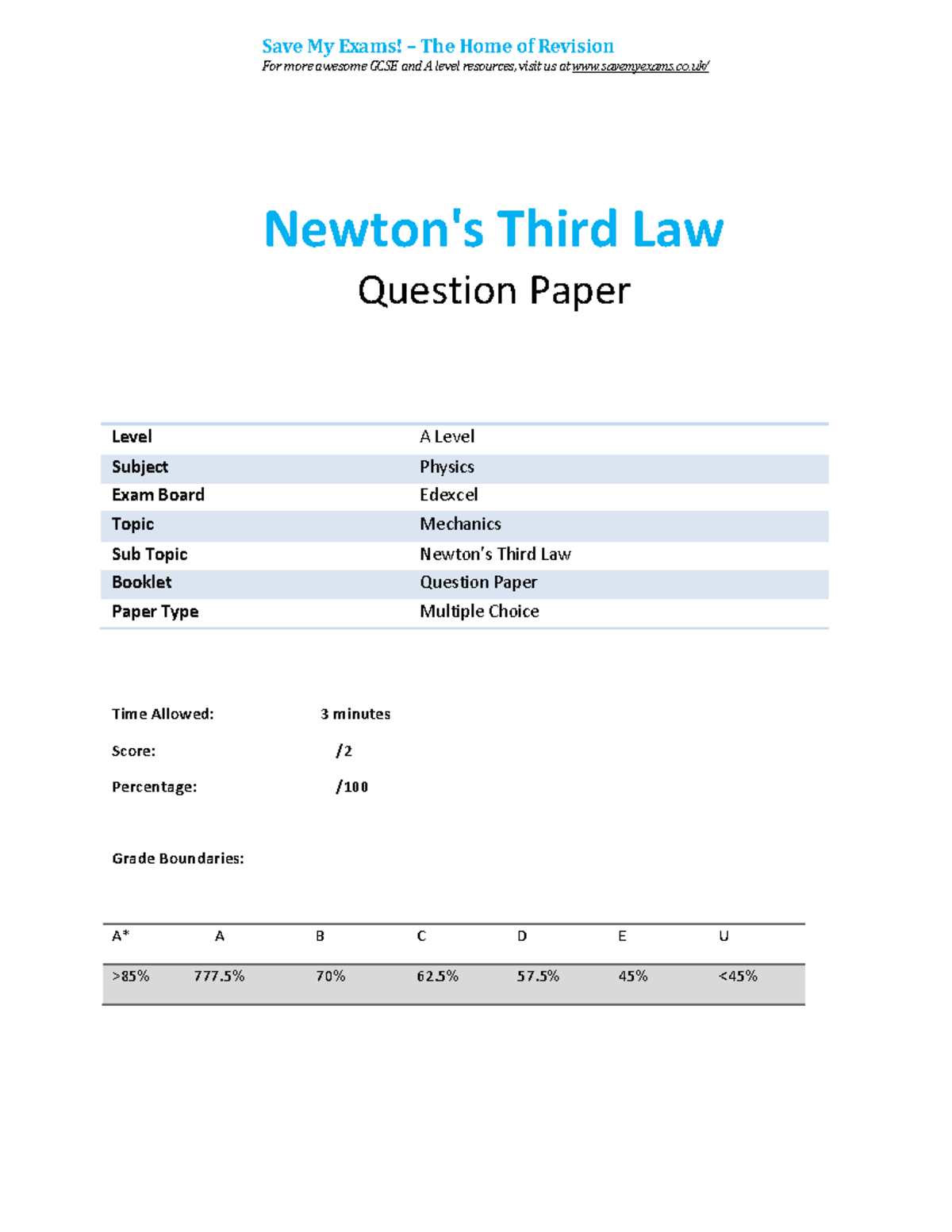 Newtons Third Law Multiple Choice. - Newton's Third Law Question Paper ...