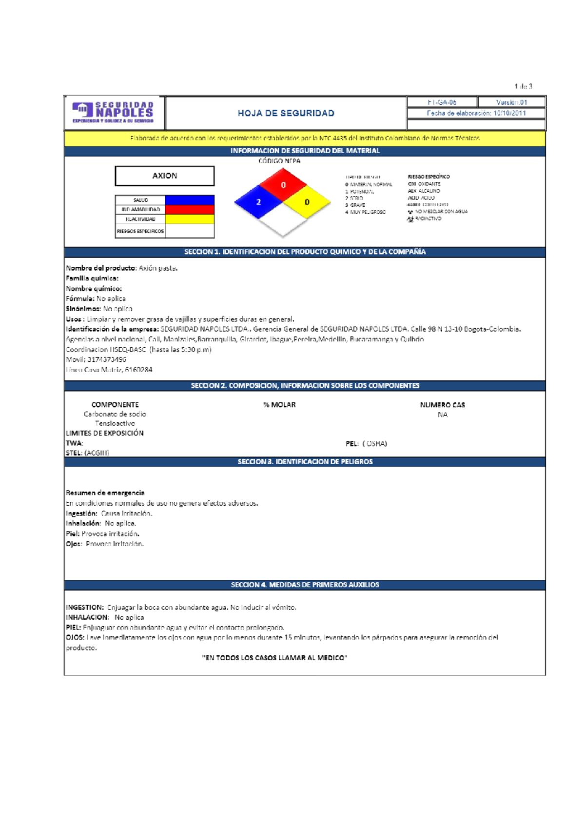MSDS Jabon ( Axion) - fgzdtgerv - Procesos de la industria química ...