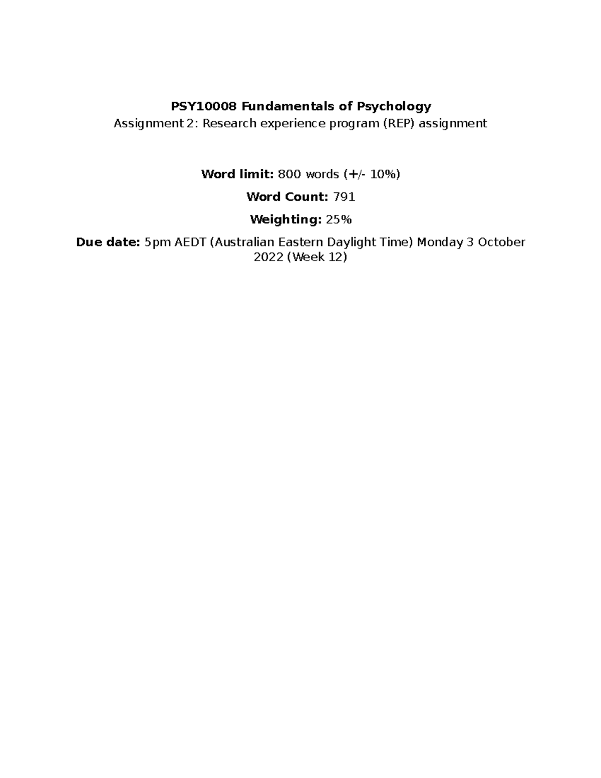 Assignment 2REP - PSY10008 Fundamentals of Psychology Assignment 2 ...