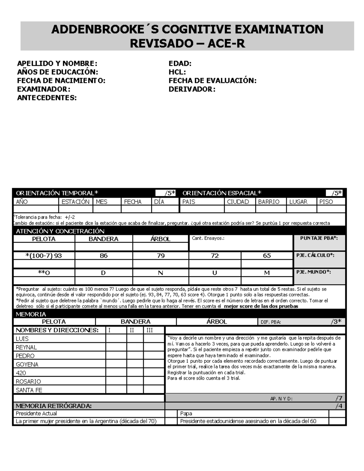 Test mini mental. ACE-R-protocolo - ADDENBROOKE ́S COGNITIVE ...