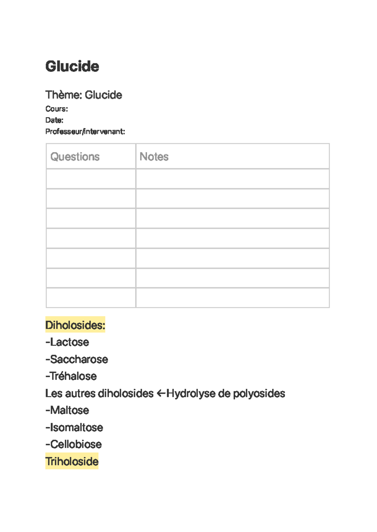 Glucide - Glucide Thème: Glucide Cours: Date: Professeur/intervenant ...