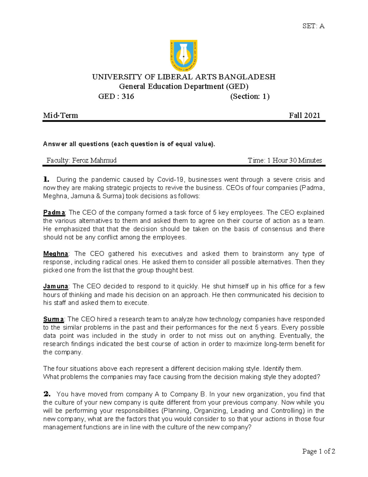 GED316 Mid Term Question Fall 2021 - SET: A Page 1 of 2 UNIVERSITY OF LIBERAL ARTS BANGLADESH ...