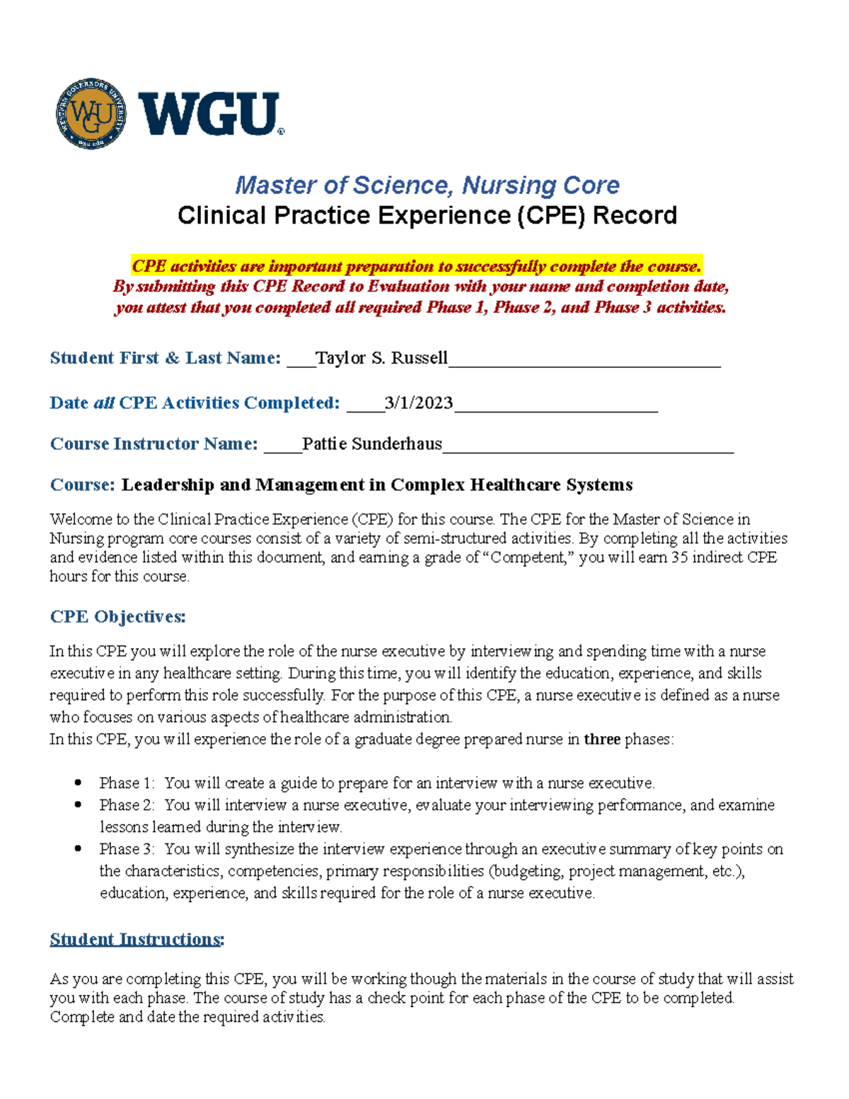 CPE Record D030 - n/a - Master of Science, Nursing Core Clinical ...