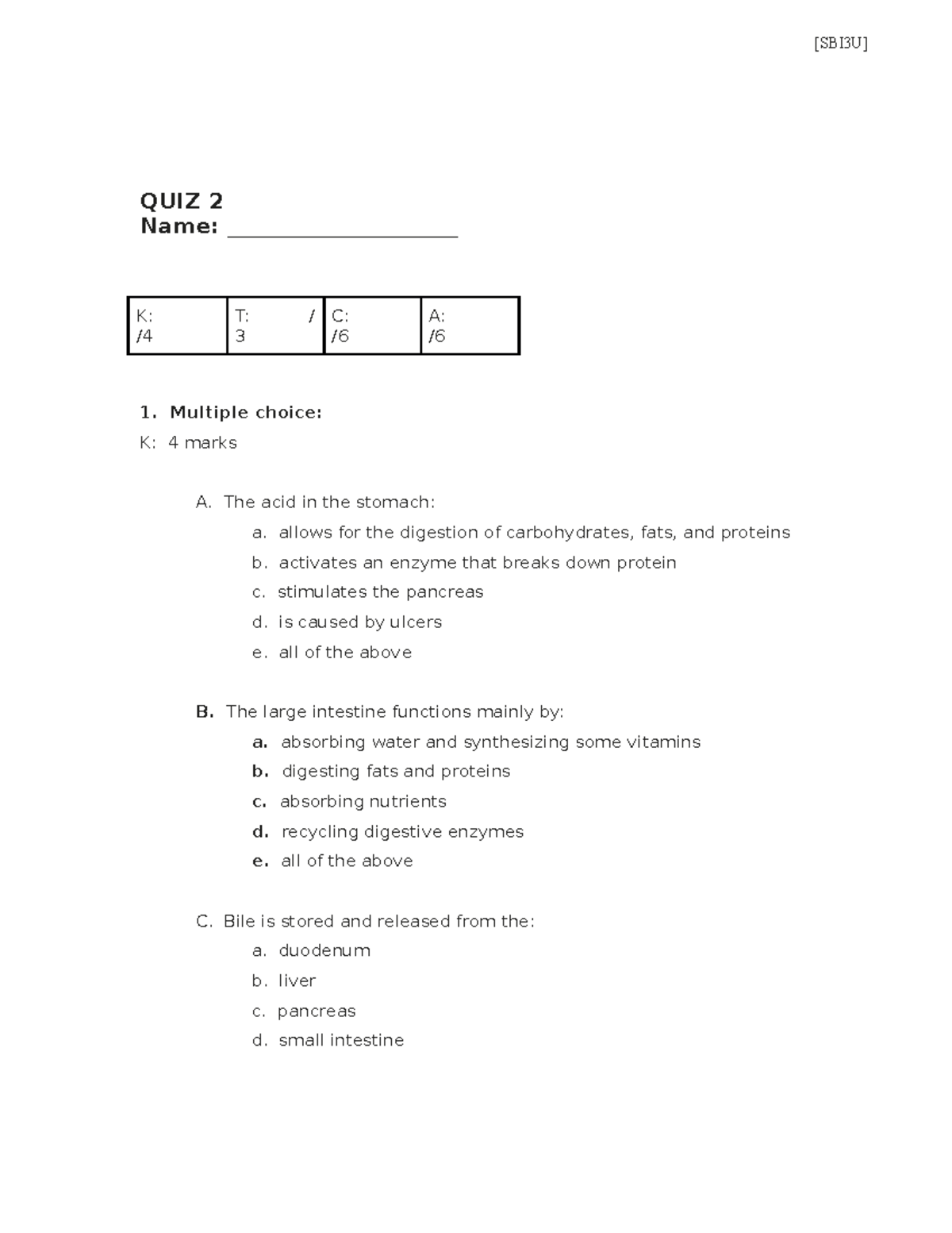 SBI3U-genes and - QUIZ 2 Name: ___________________________ K: / T: / 3 ...