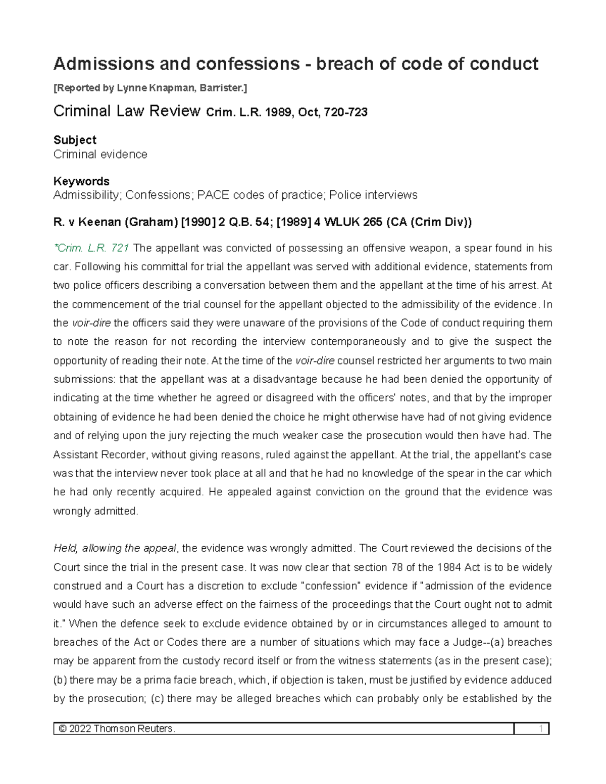 R v Keenan (Graham) 1989 - Admissions and confessions - breach of code ...