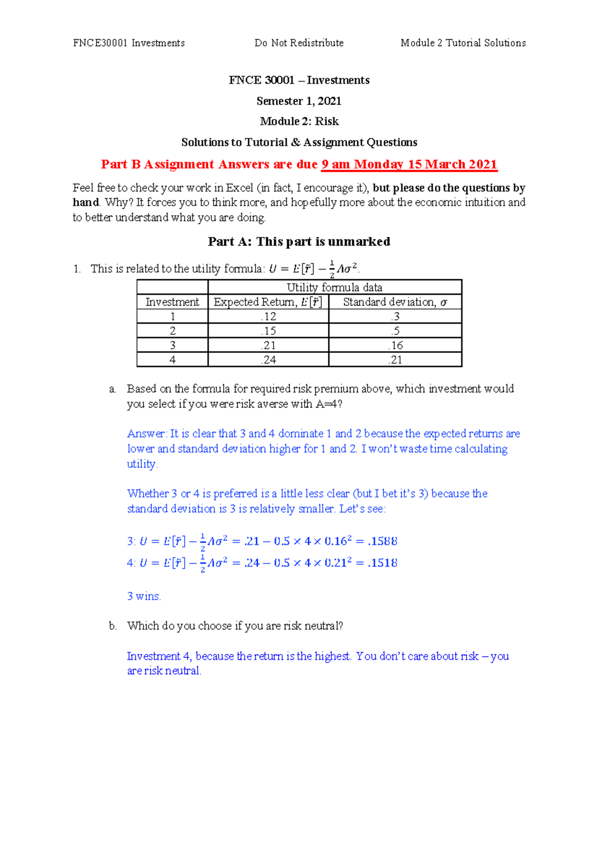 Assignment 2 Risk Solutions - FNCE 30001 – Investments Semester 1, 2021 ...