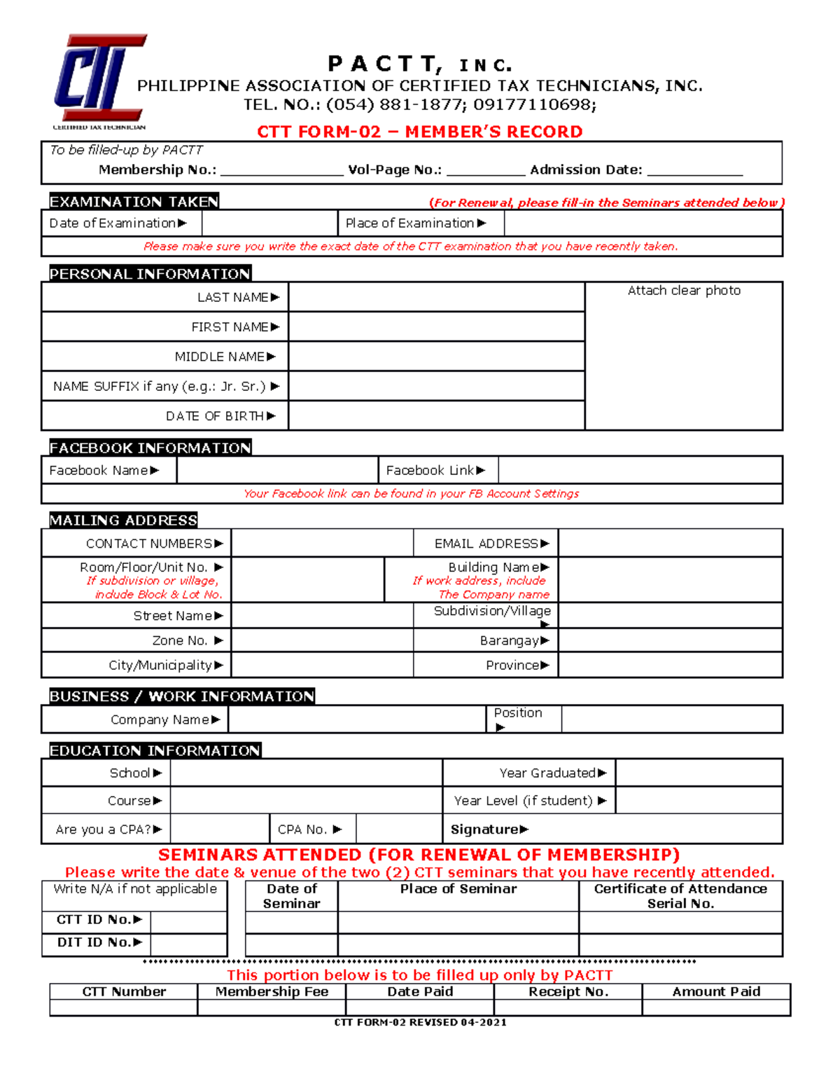 CTT FORM 02 MAF rev042021 - P A C T T, I N C. PHILIPPINE ASSOCIATION OF ...