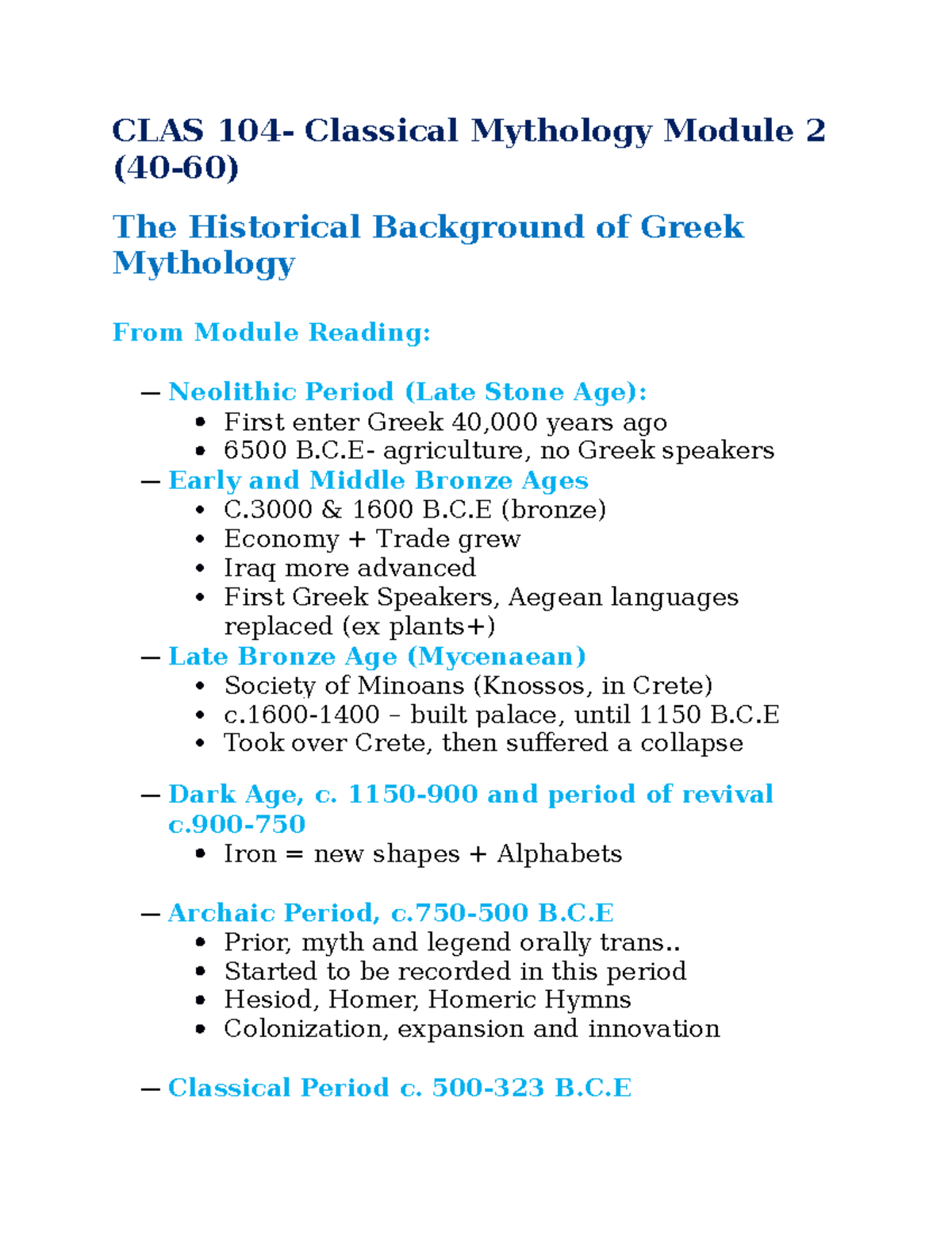 CLAS 104- Module 2 - Notes for myth - CLAS 104- Classical Mythology ...