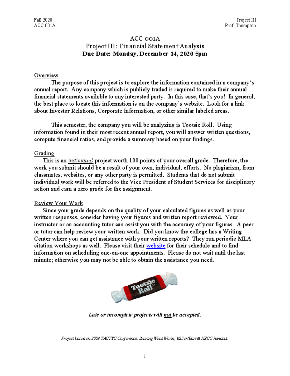 Project III Handout 1A F20 - ACC 001A Prof. Thompson ACC 00 1A Project ...