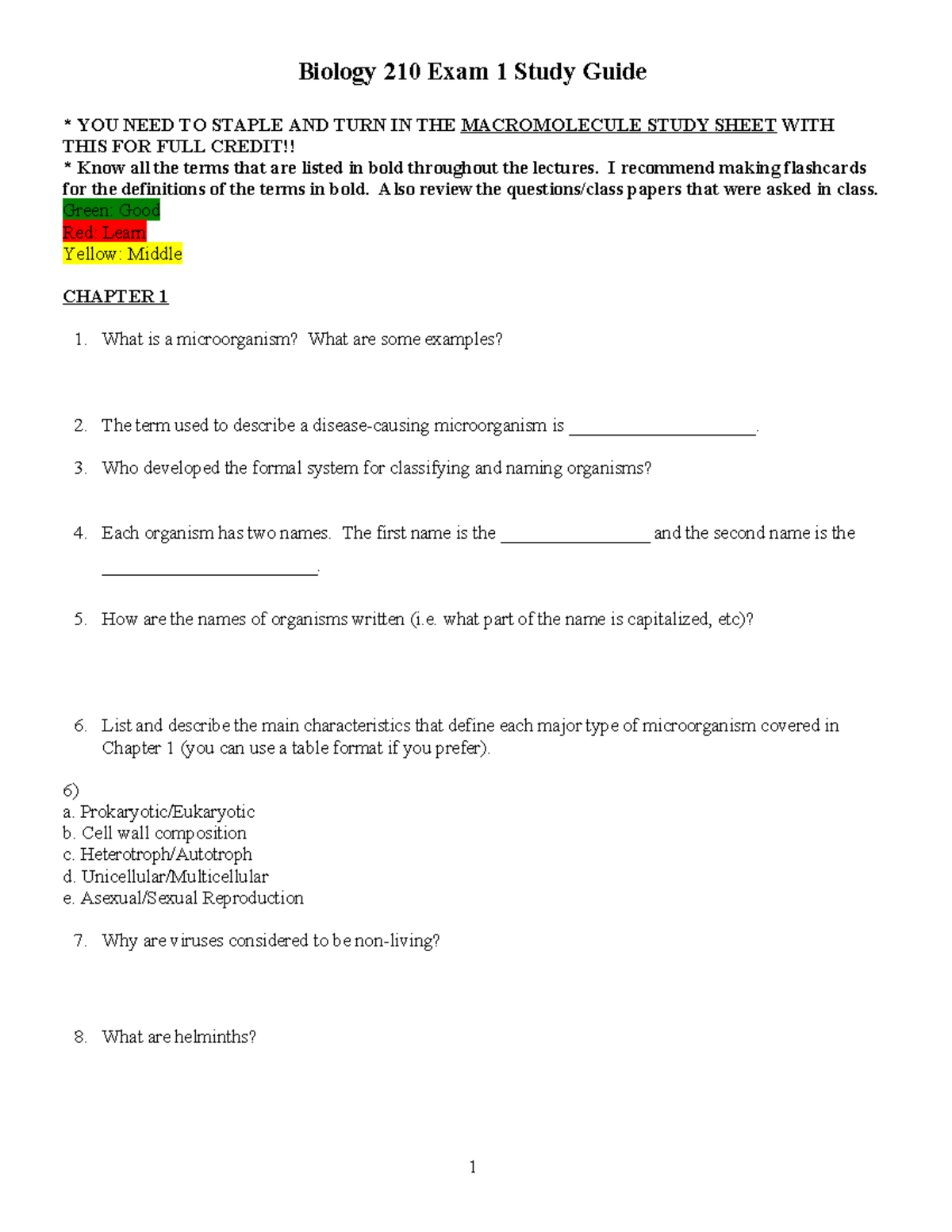 Micro Lecture Exam 1 Study Guide - Biology 210 Exam 1 Study Guide * YOU ...