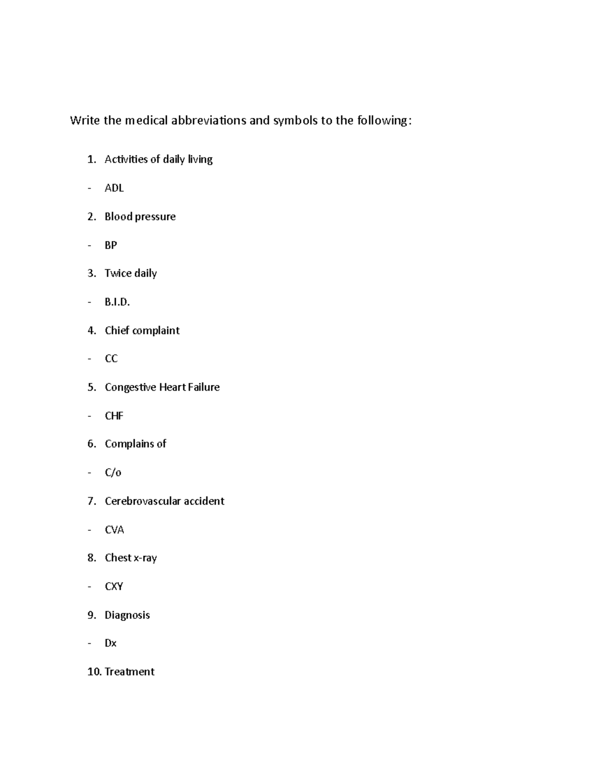 Handout Medical Abbreviations - Write the medical abbreviations and ...