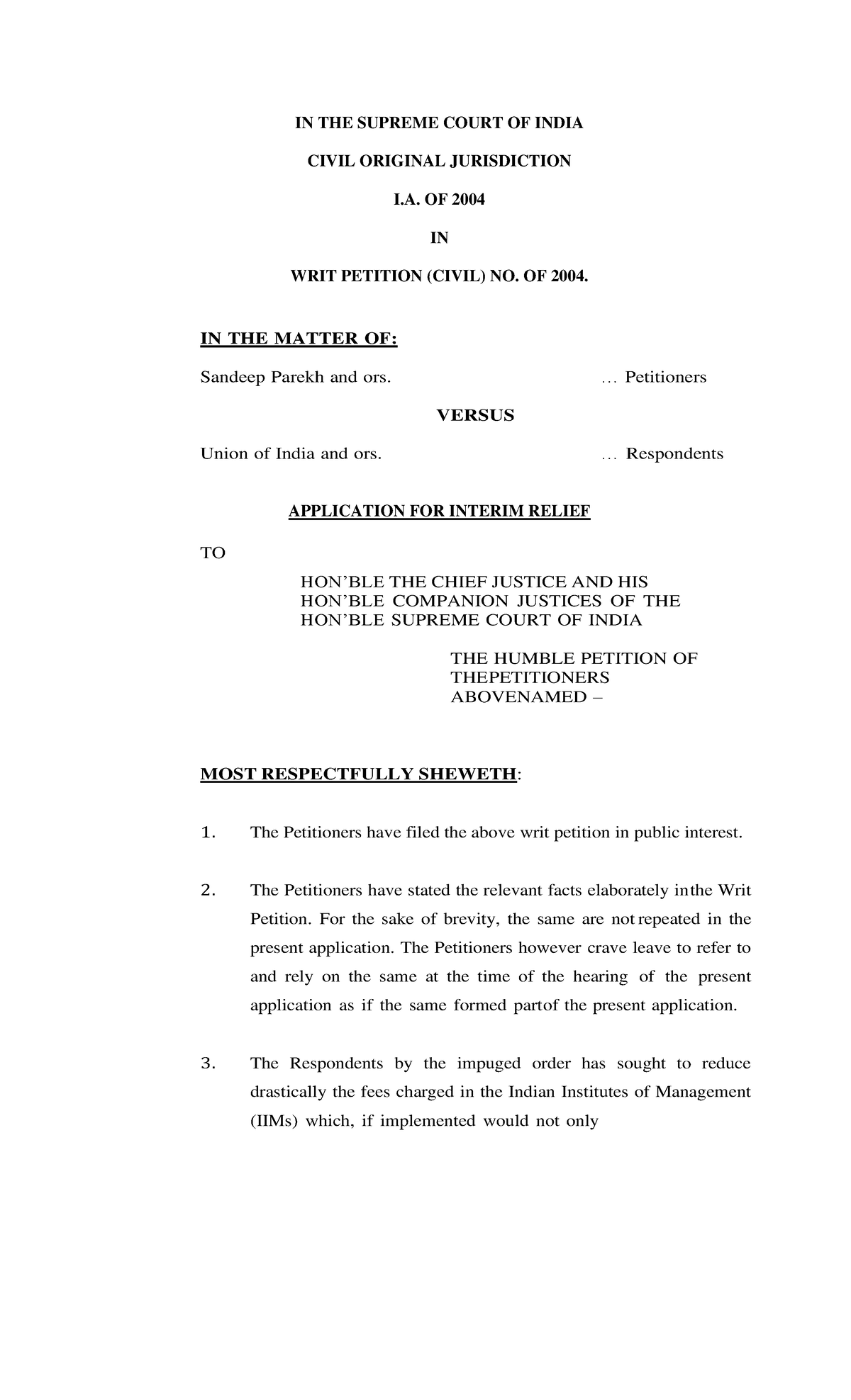 PIL - Hands off IIMs - Interim Relief application - IN THE SUPREME ...