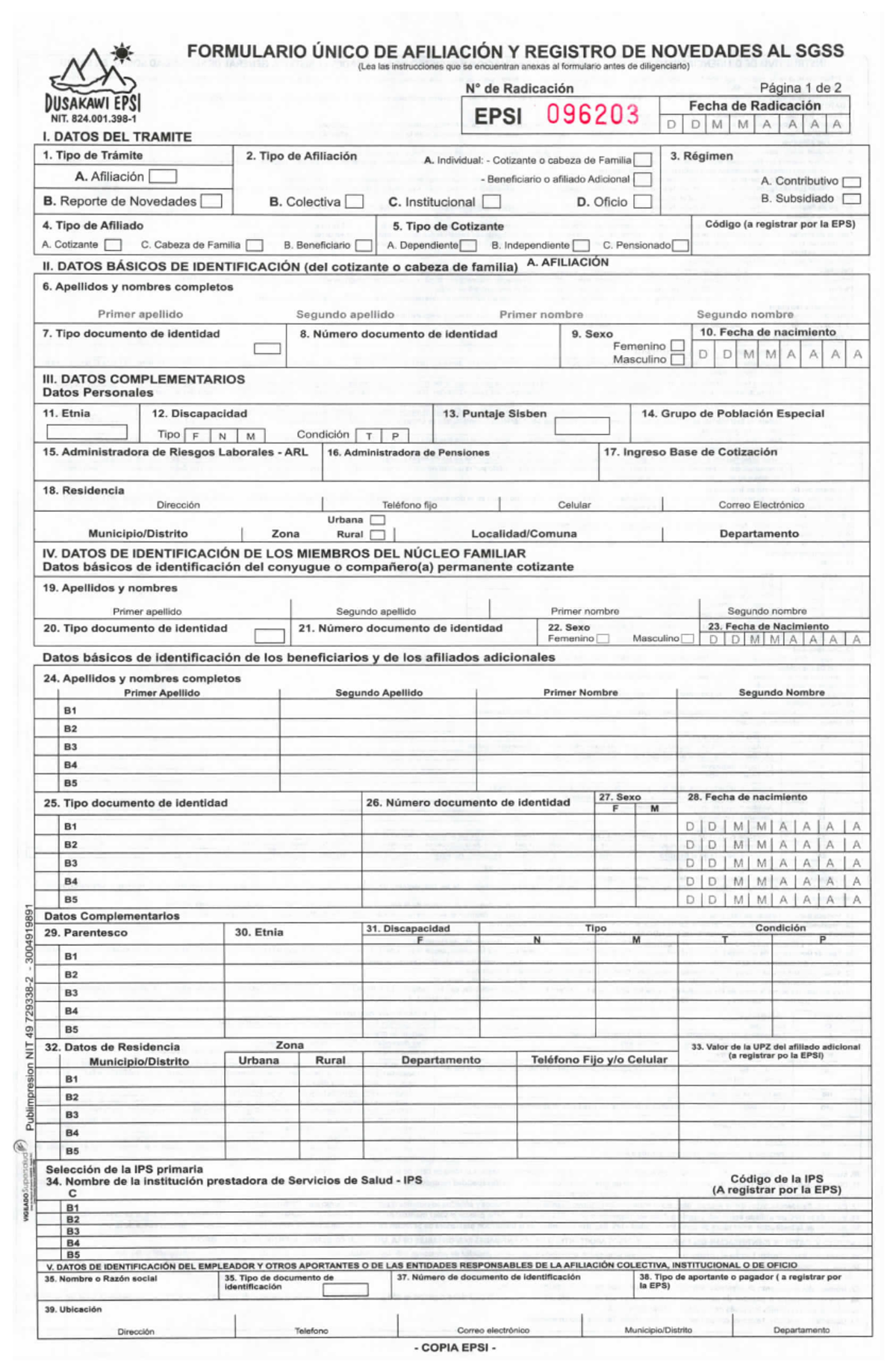 Formulario-de-Afiliacion Dusakawi - ITHHHmE]: nit. e24 .3sO ...