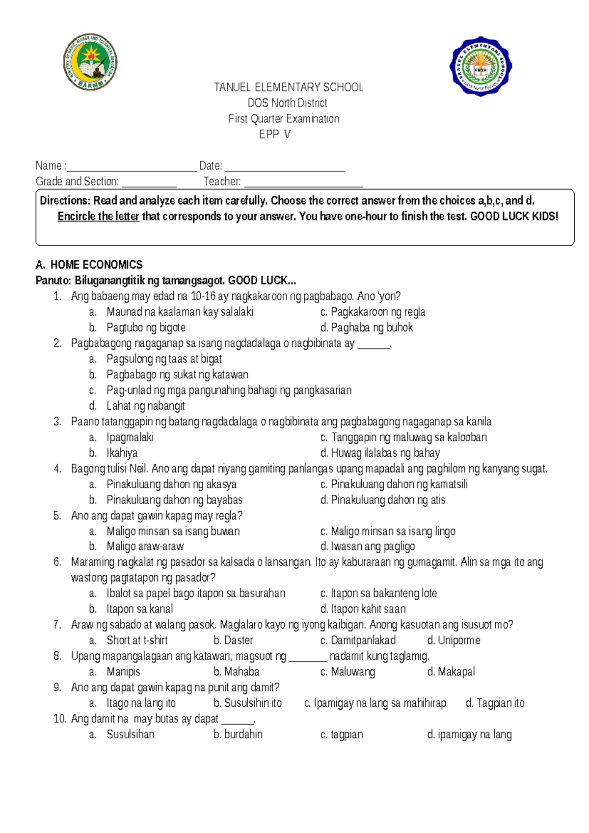 PT EPP 5 Q1 - jfjhbkj - TANUEL ELEMENTARY SCHOOL DOS North District ...