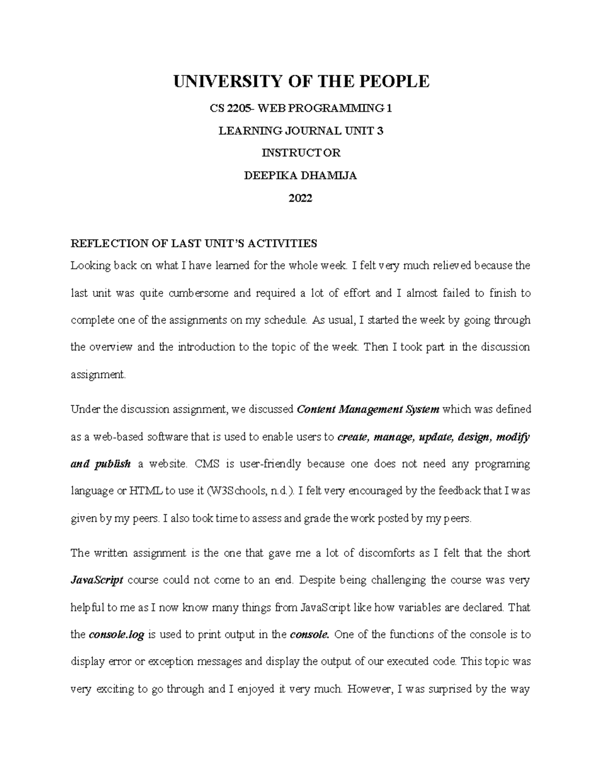 Cs2205 Learning Journal UNIT 5 - UNIVERSITY OF THE PEOPLE CS 2205- WEB ...