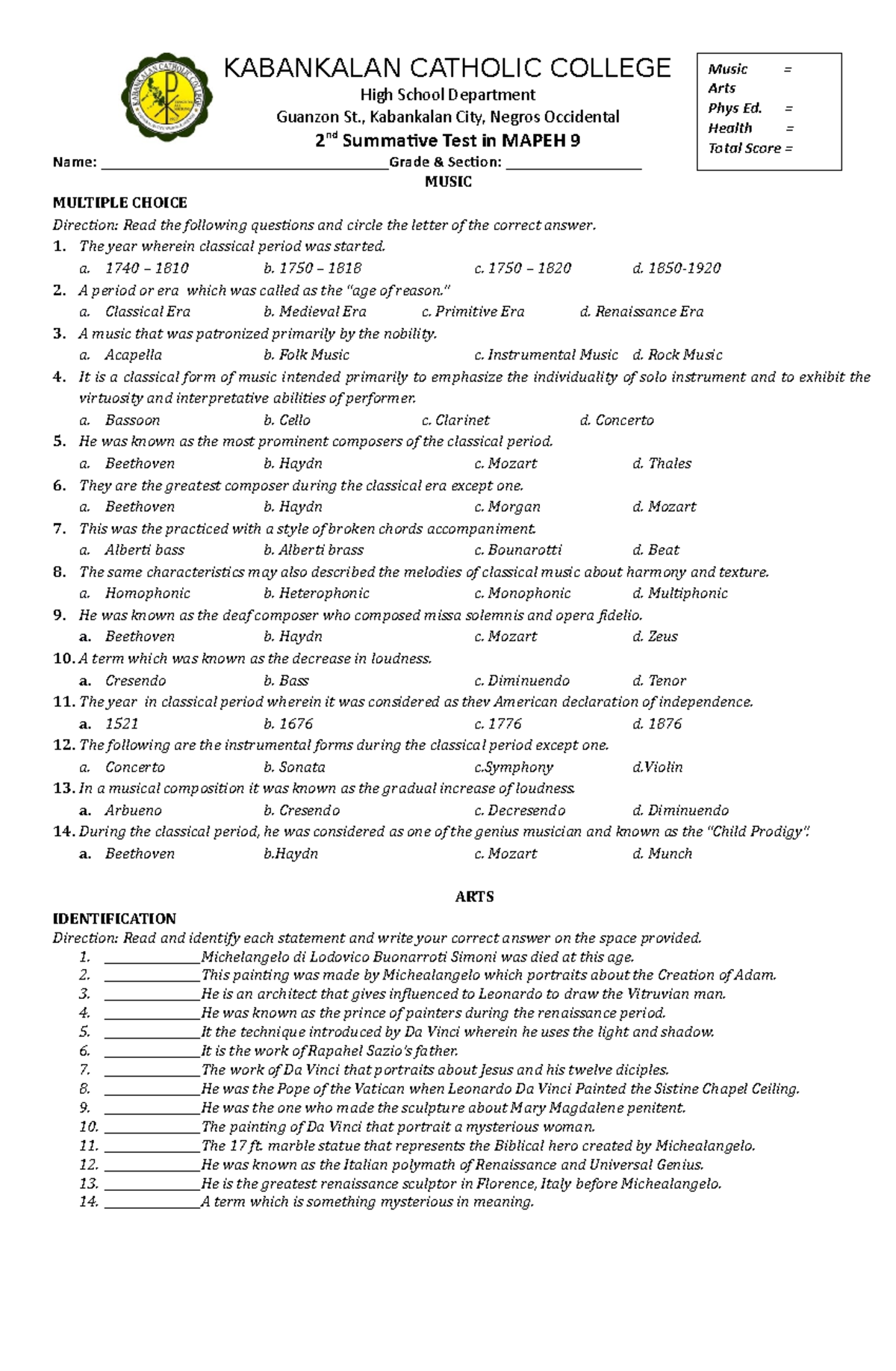 2nd quarter Module exam - KABANKALAN CATHOLIC COLLEGE High School ...
