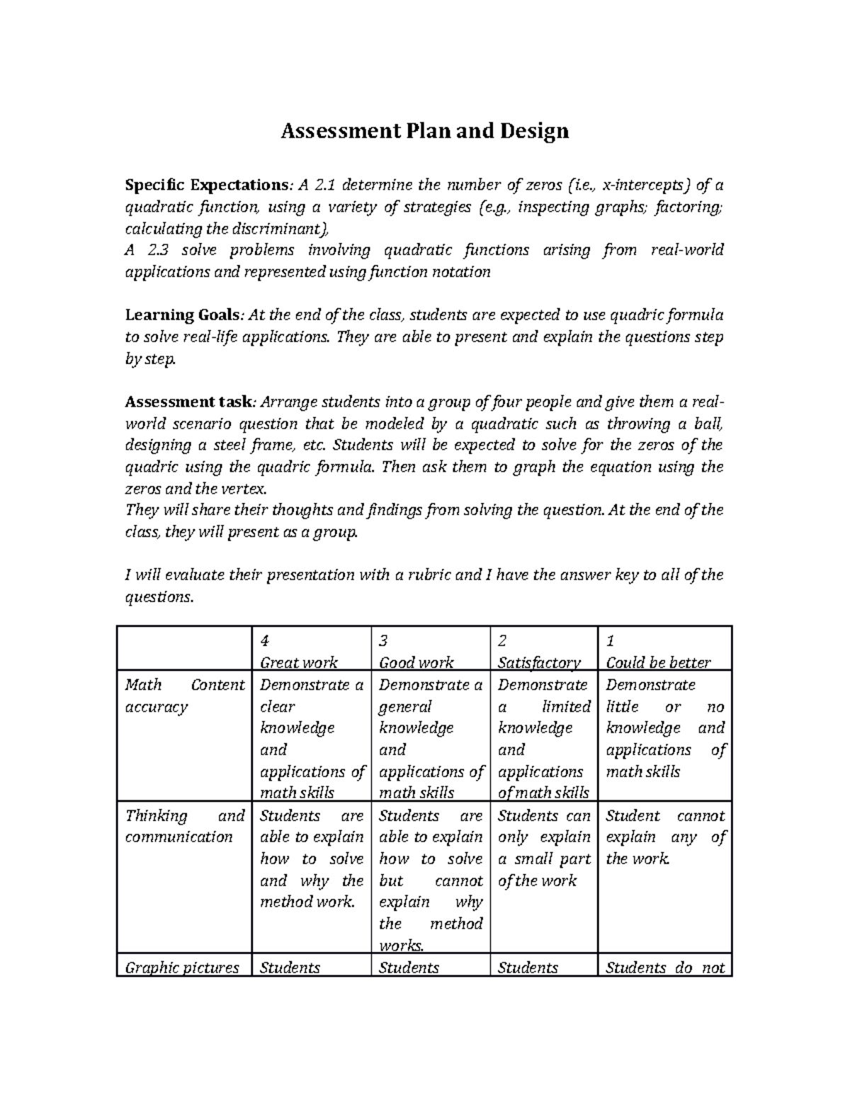 Assessment Plan and Design - Assessment Plan and Design Specific ...