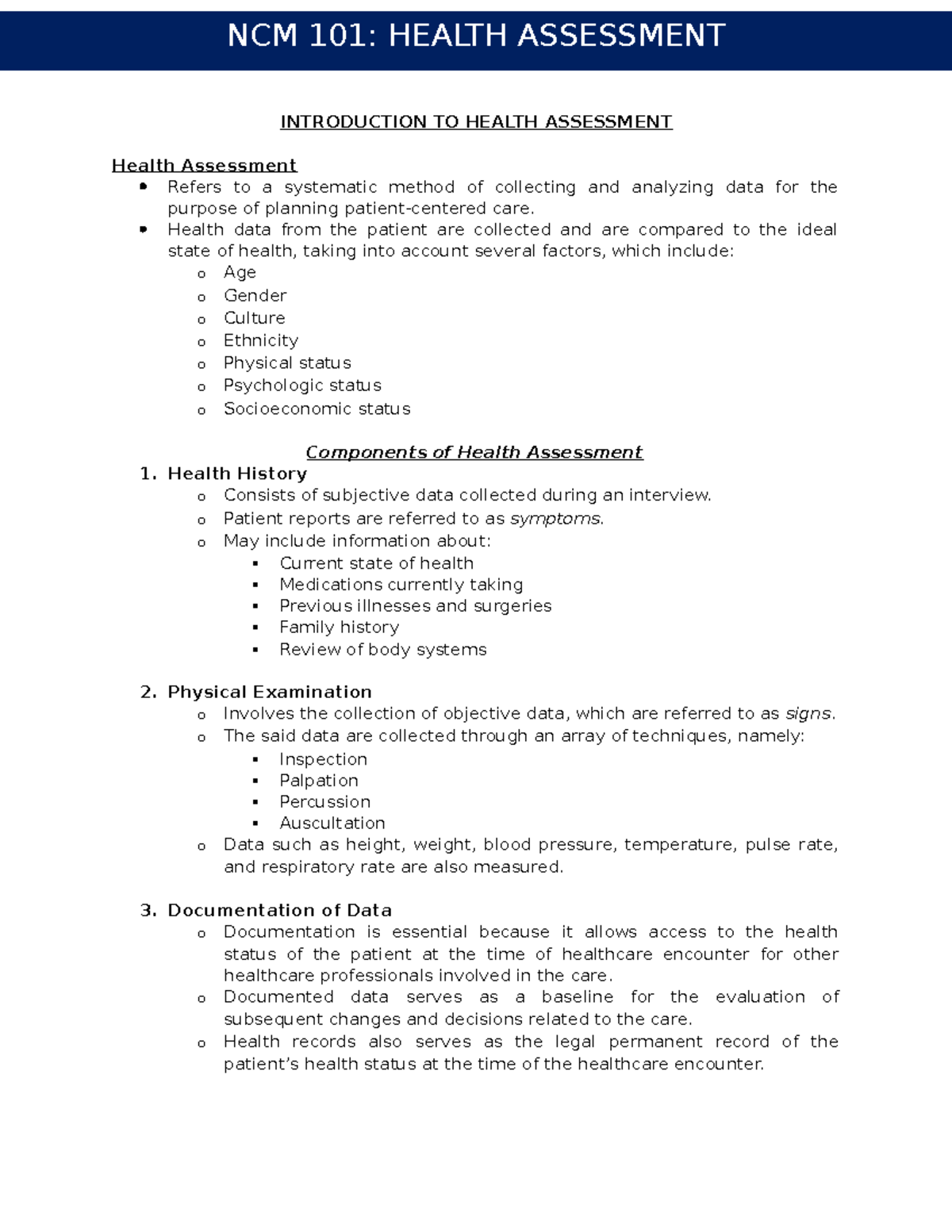 Introduction to Health Assessment - INTRODUCTION TO HEALTH ASSESSMENT ...