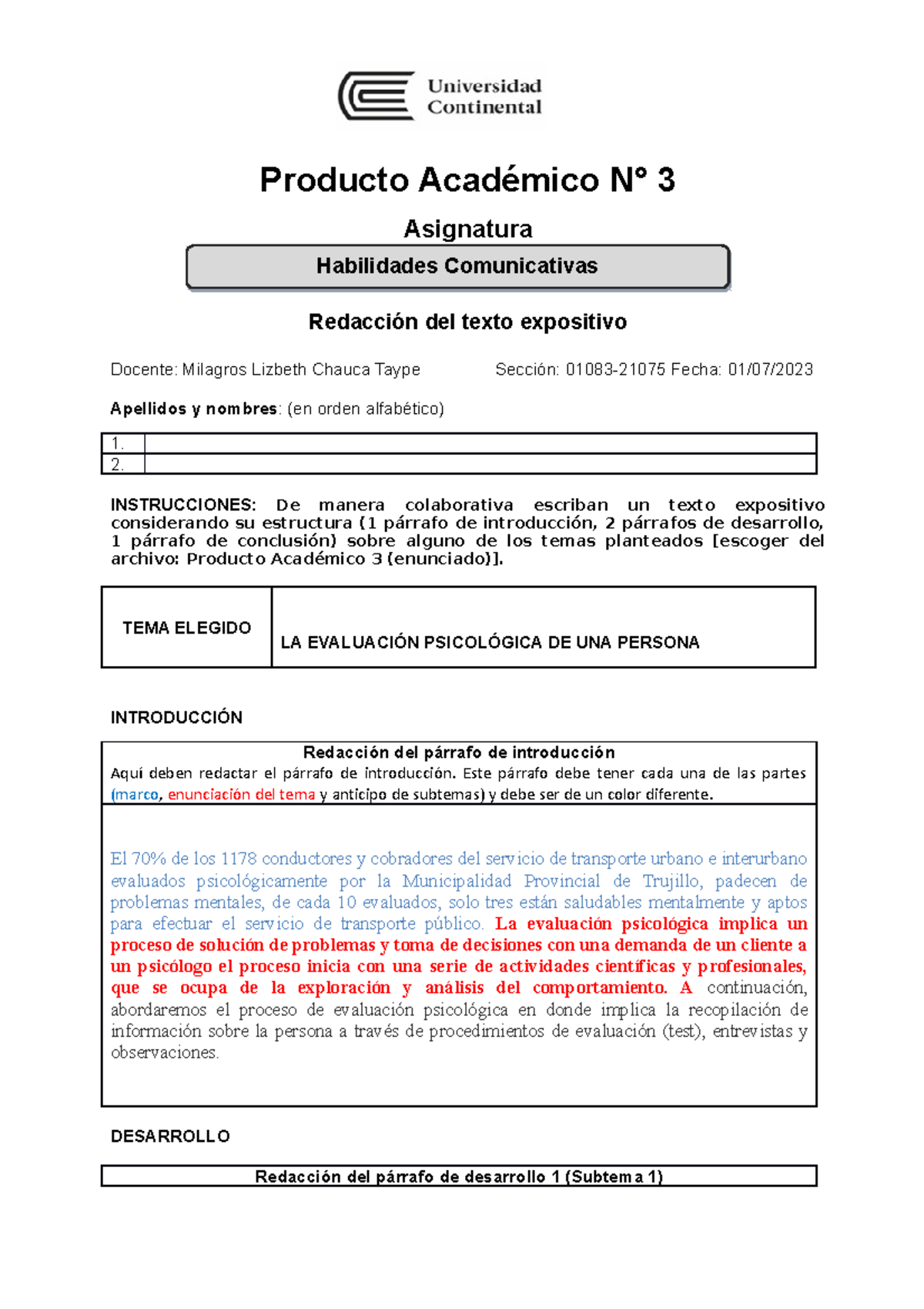 3. Producto Académico 3 HABILIDADES COMUNICATIVAS - Producto Académico N° 3 Asignatura Redacción ...