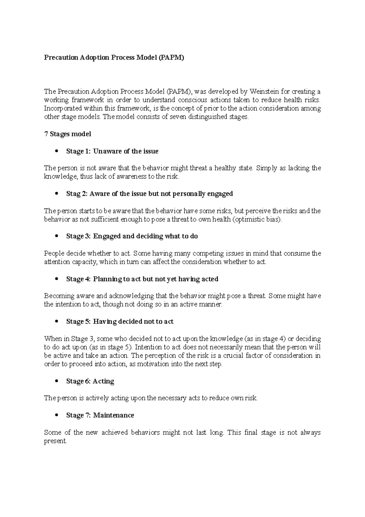 Precaution Adoption Process Model from wiki - Psikologi - UNAIR - Studocu