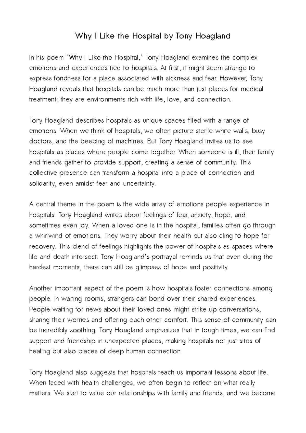 Why I Like the Hospital - Why I Like the Hospital by Tony Hoagland In ...