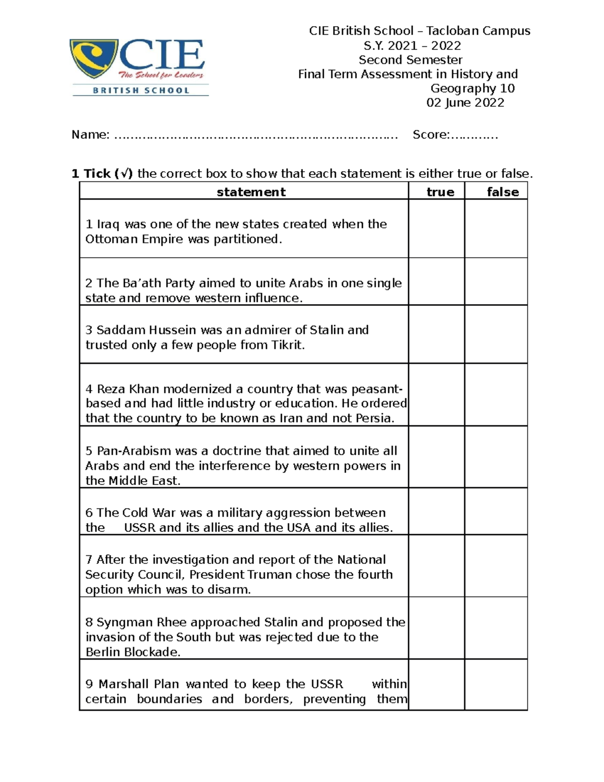 Final Assessment History and Geography 10 Second Semester SY 2021 2022 ...
