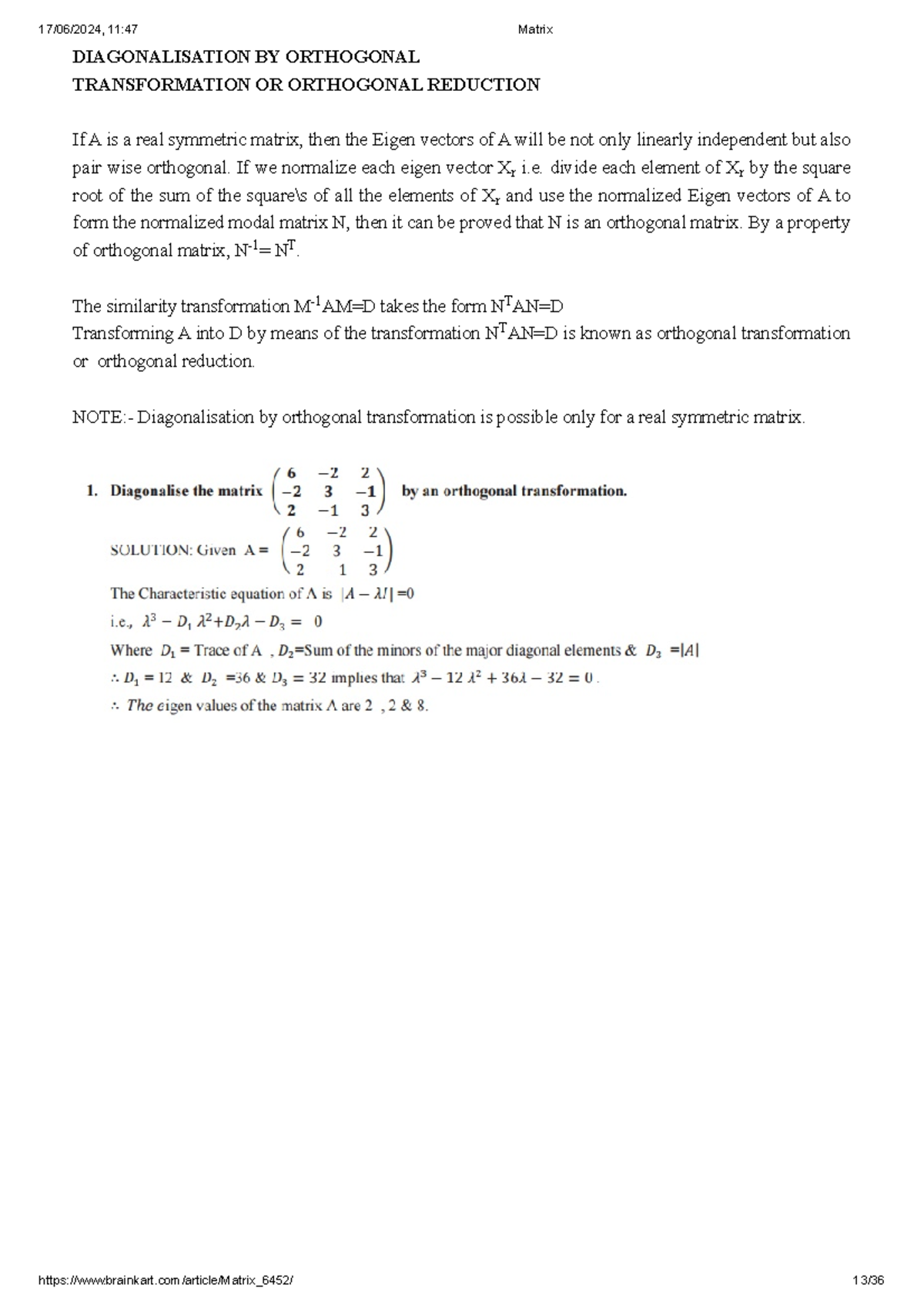 M1. Diagonalisation by Orthogonal Transformation - DIAGONALISATION BY ...