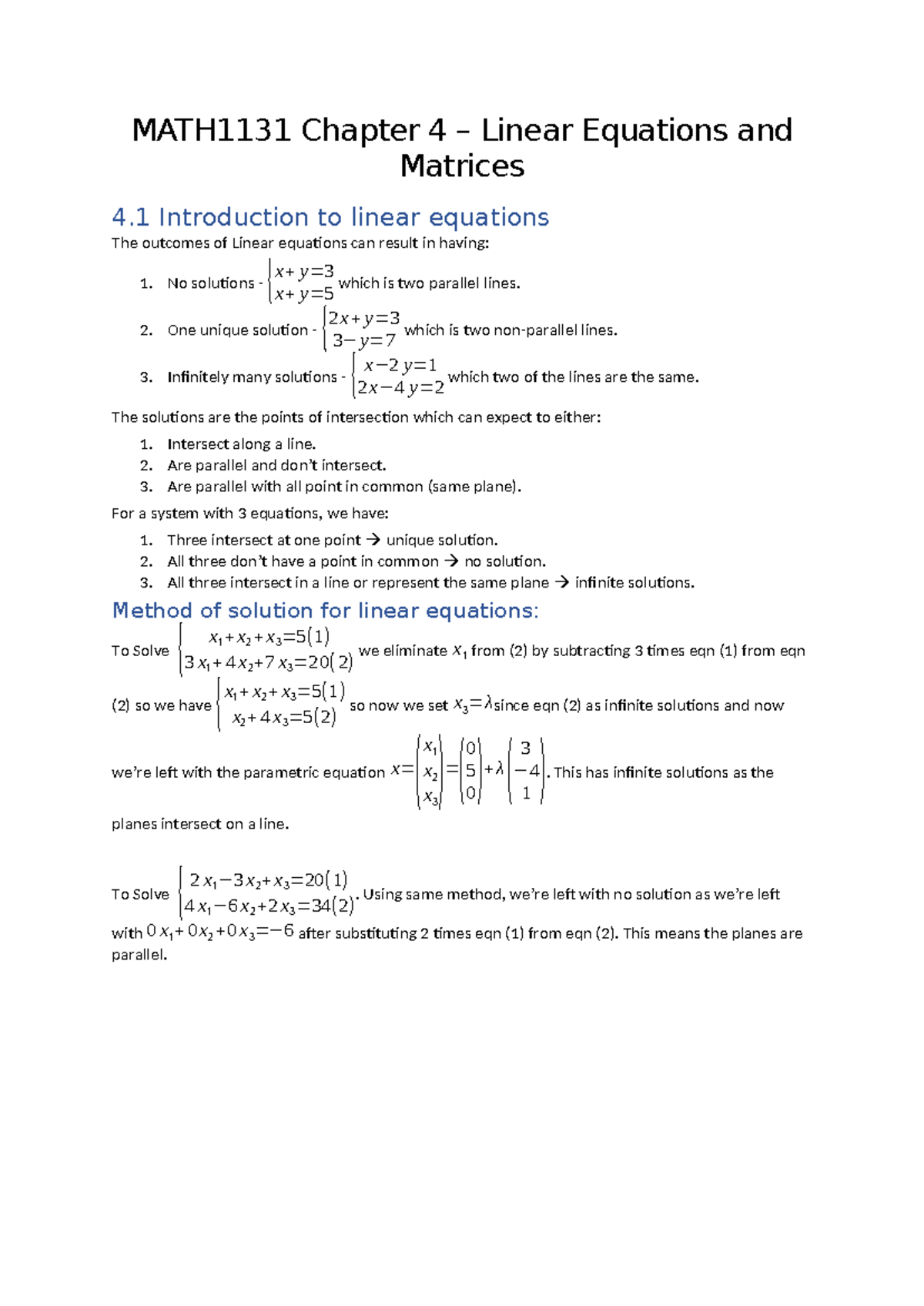 MATH1131 Chapter 4 – Linear Equations and Matrices - MATH1131 Chapter 4 ...