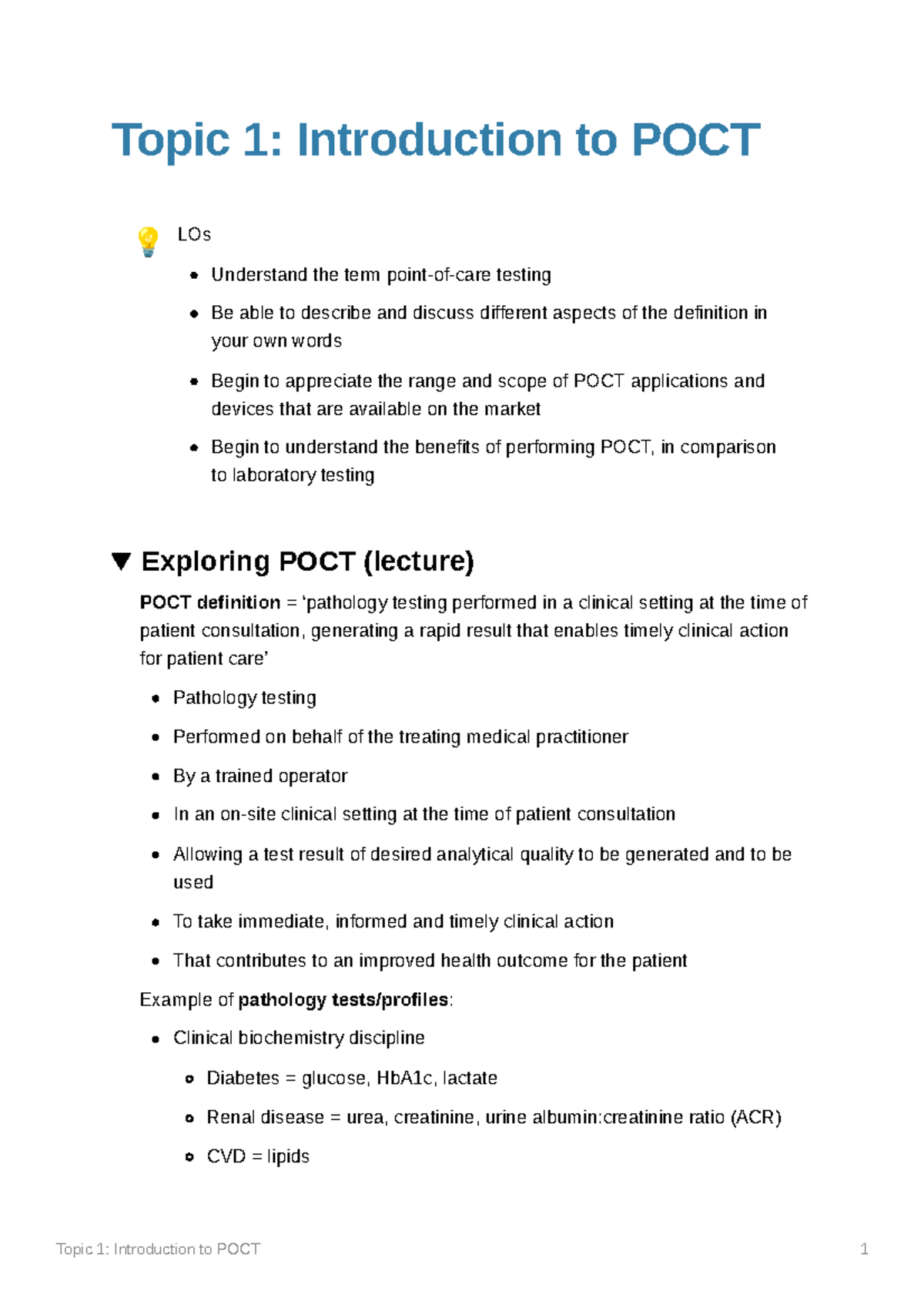 MDSC3100 Intro to POCT - Topic 1: Introduction to POCT LOs Understand ...