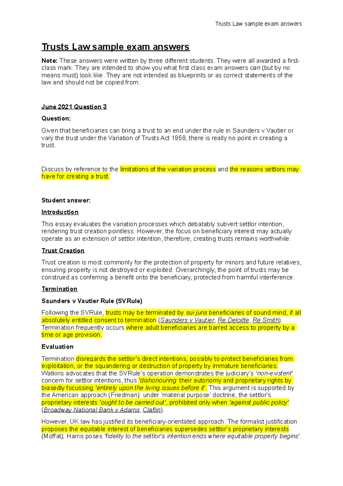 Trusts Law sample exam answers - They were all awarded a first- class ...