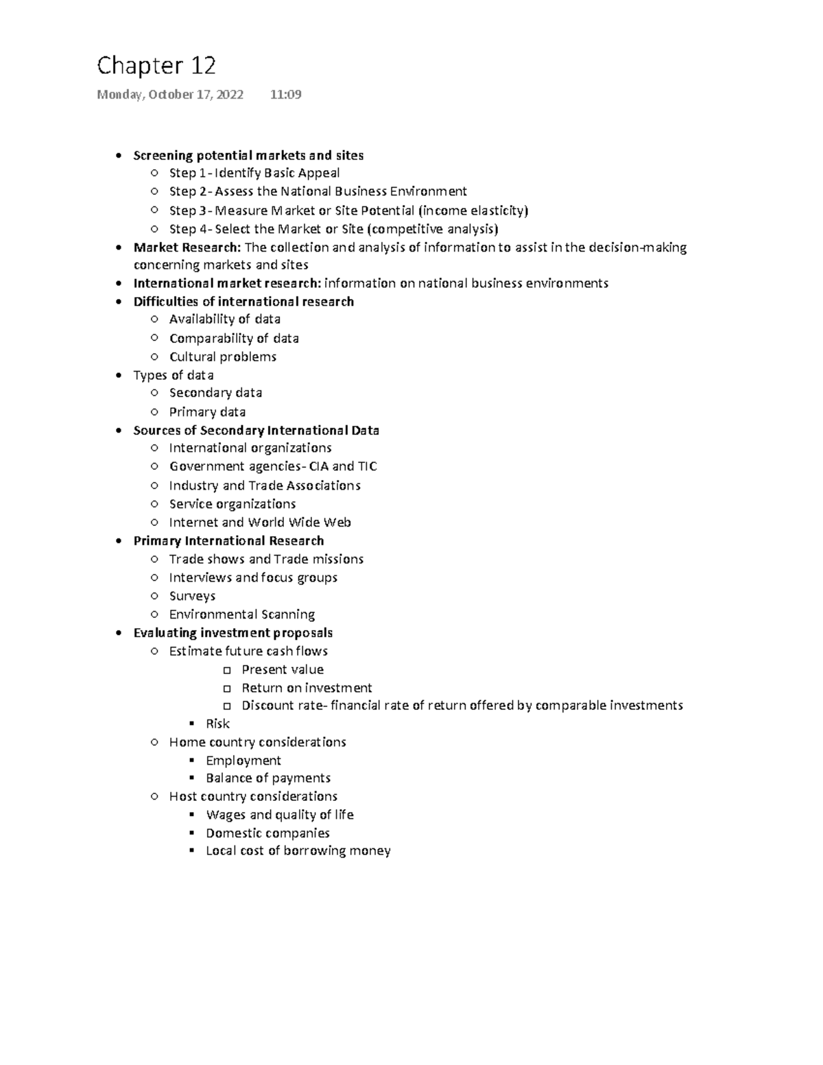 Chapter 12 lecture notes - Screening potential markets and sites Step 1 ...