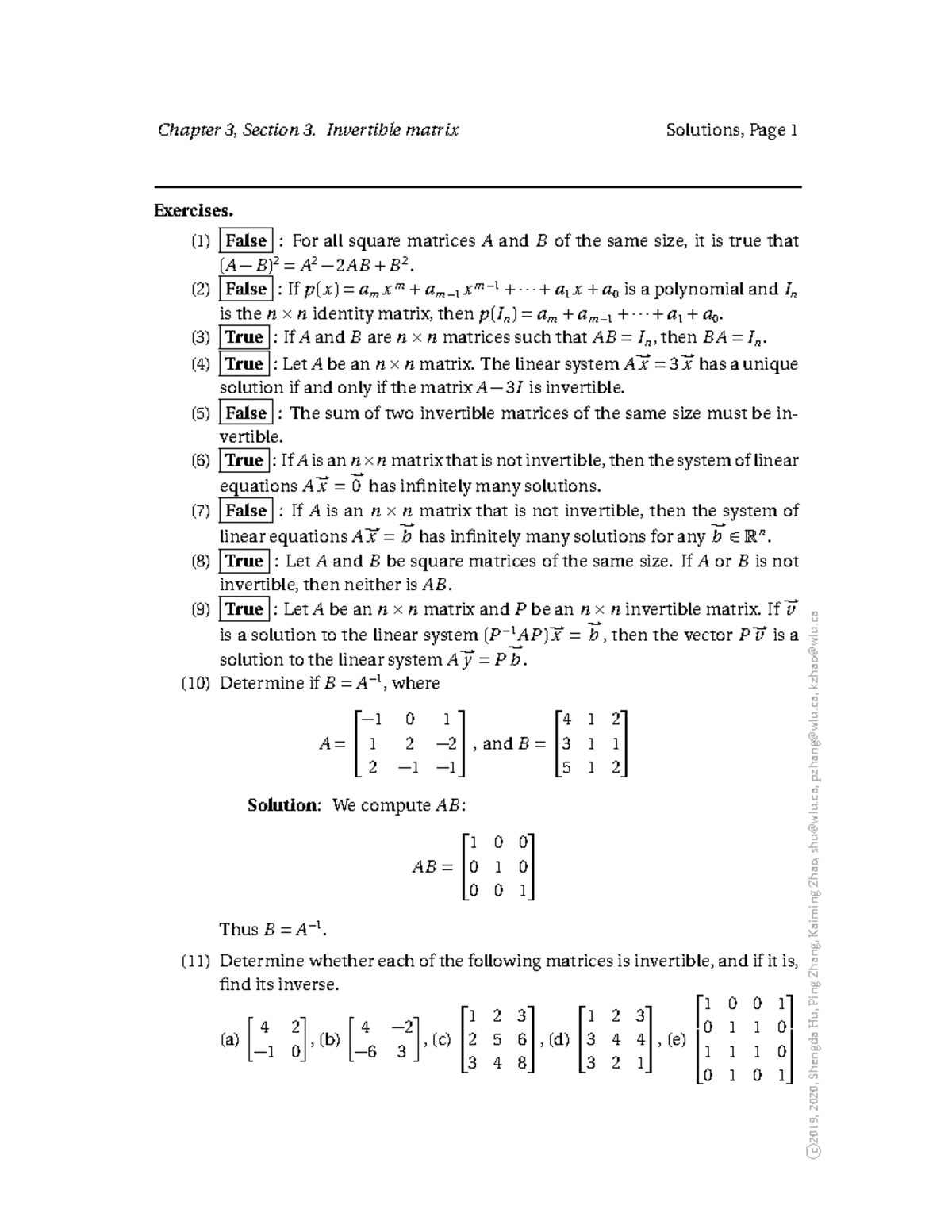 Chapter 3.3 Solutions - Chapter 3, Section 3. Invertible matrix ...
