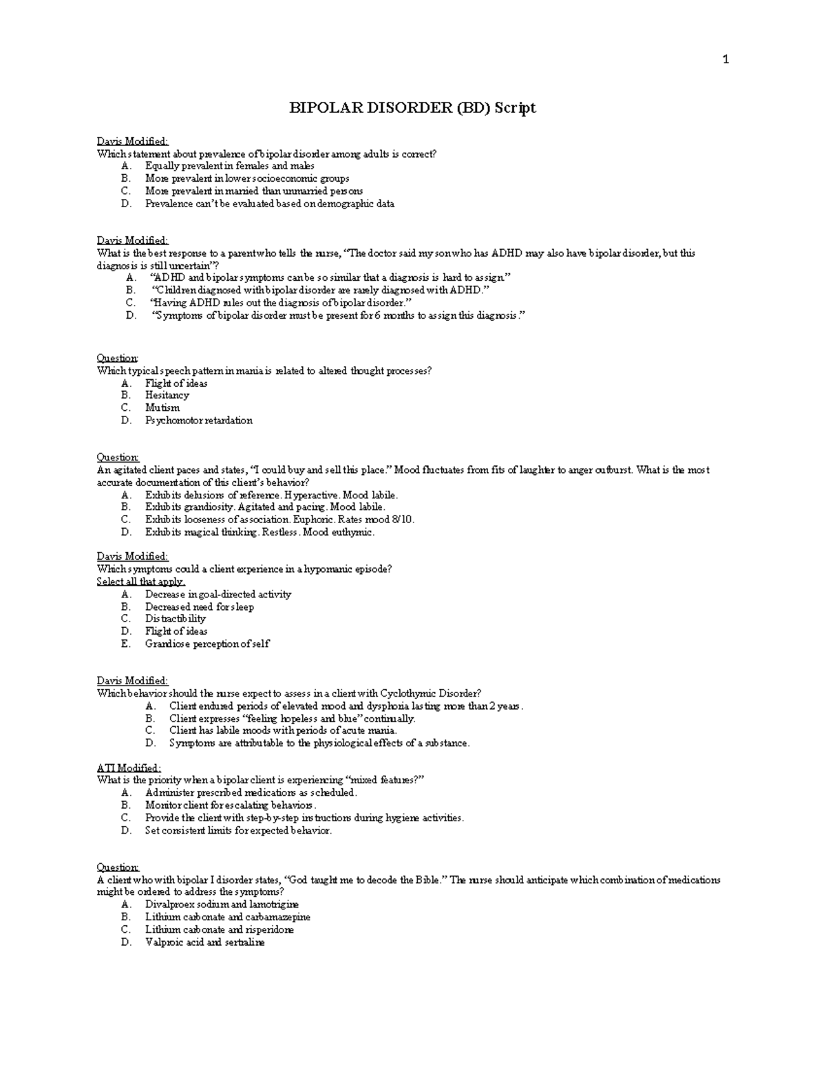 Bipolar Script with Answers - BIPOLAR DISORDER (BD) Script Davis ...