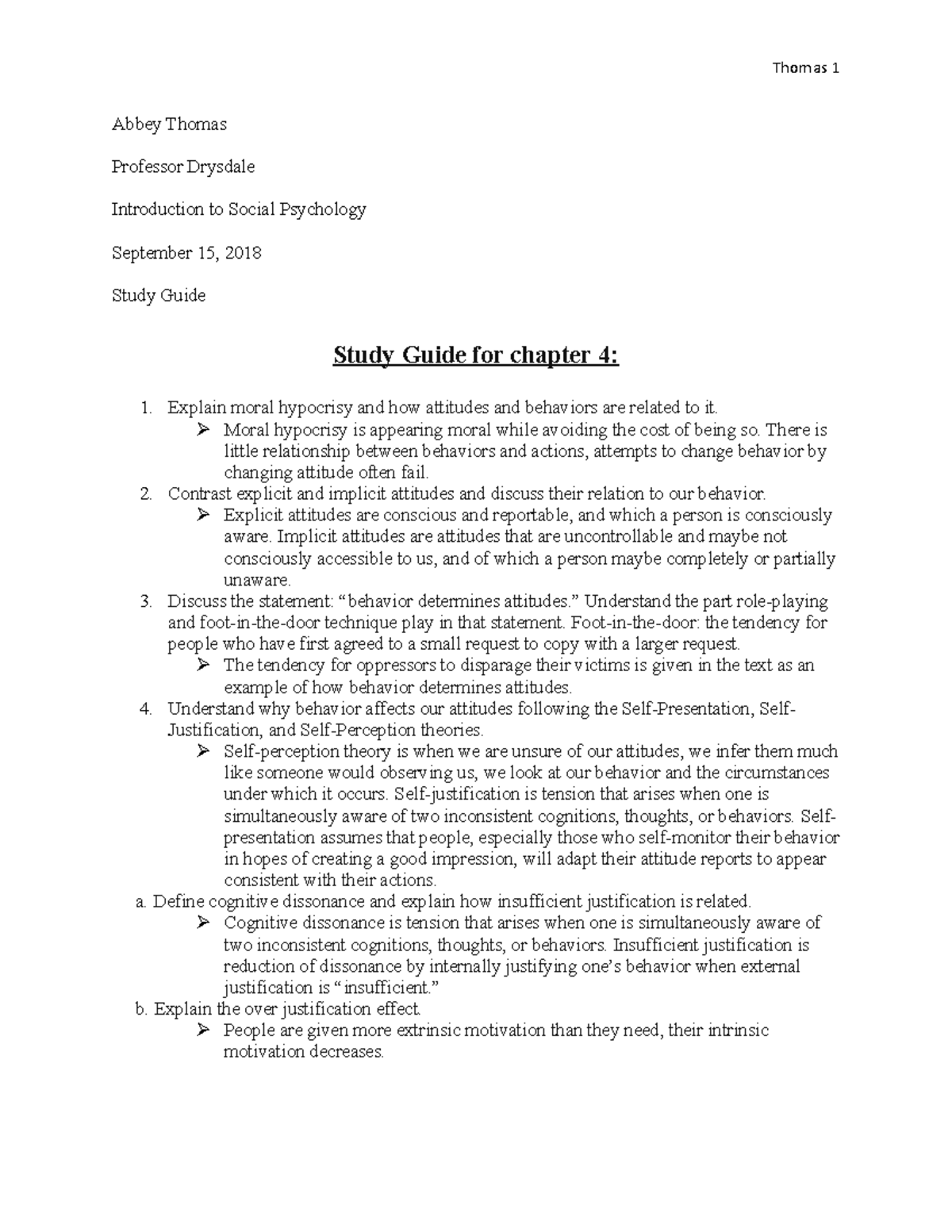 Social Psychology Ch. 4 Study Guide - Thomas 1 Abbey Thomas Professor ...