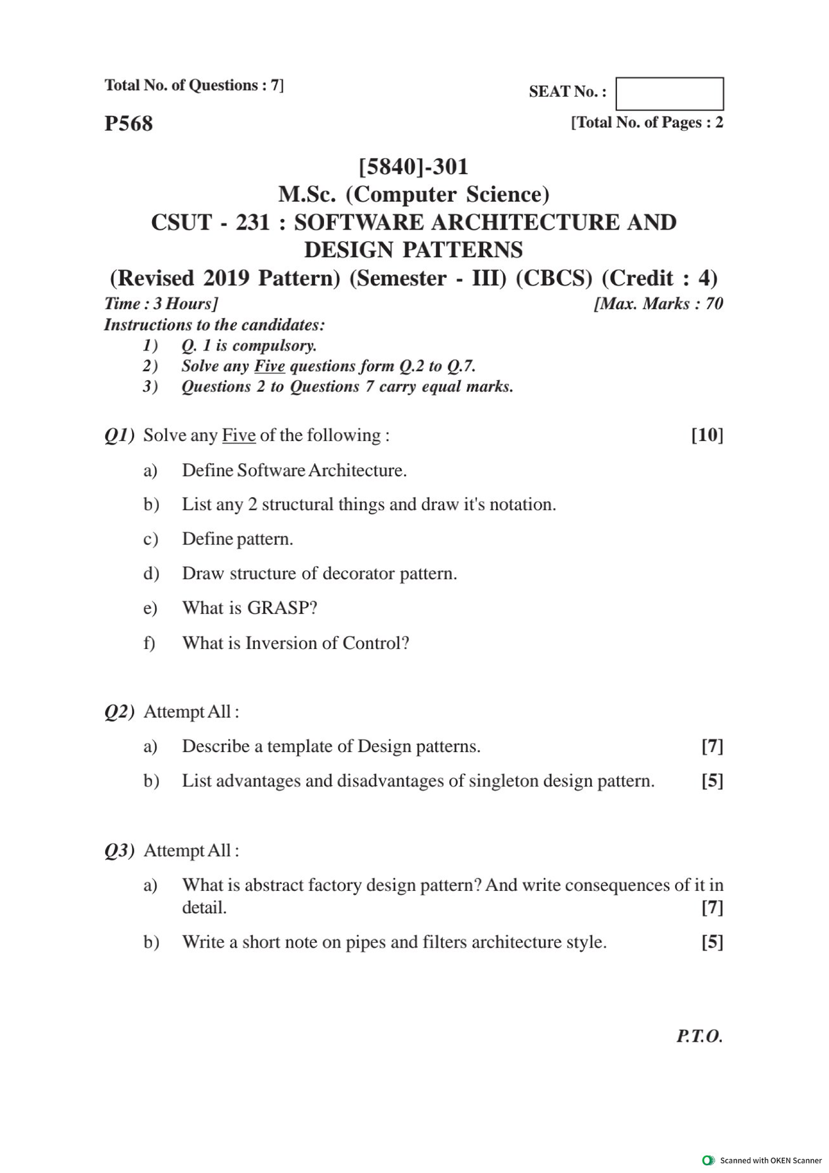 M.SC ( Computer Science ) 3rd Semester - Total No. of Questions : SEAT ...