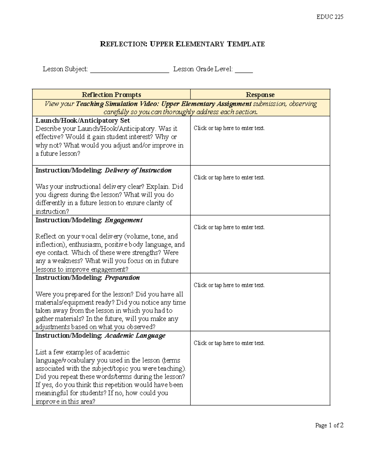 Reflection Upper Elementary Template - EDUC 225 REFLECTION: UPPER ...