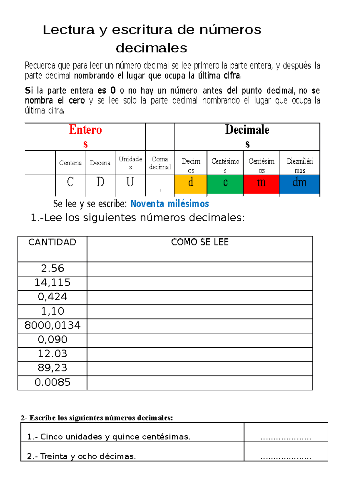 Los Numeros Decimales Texto Lectura Y Escritura De N meros
