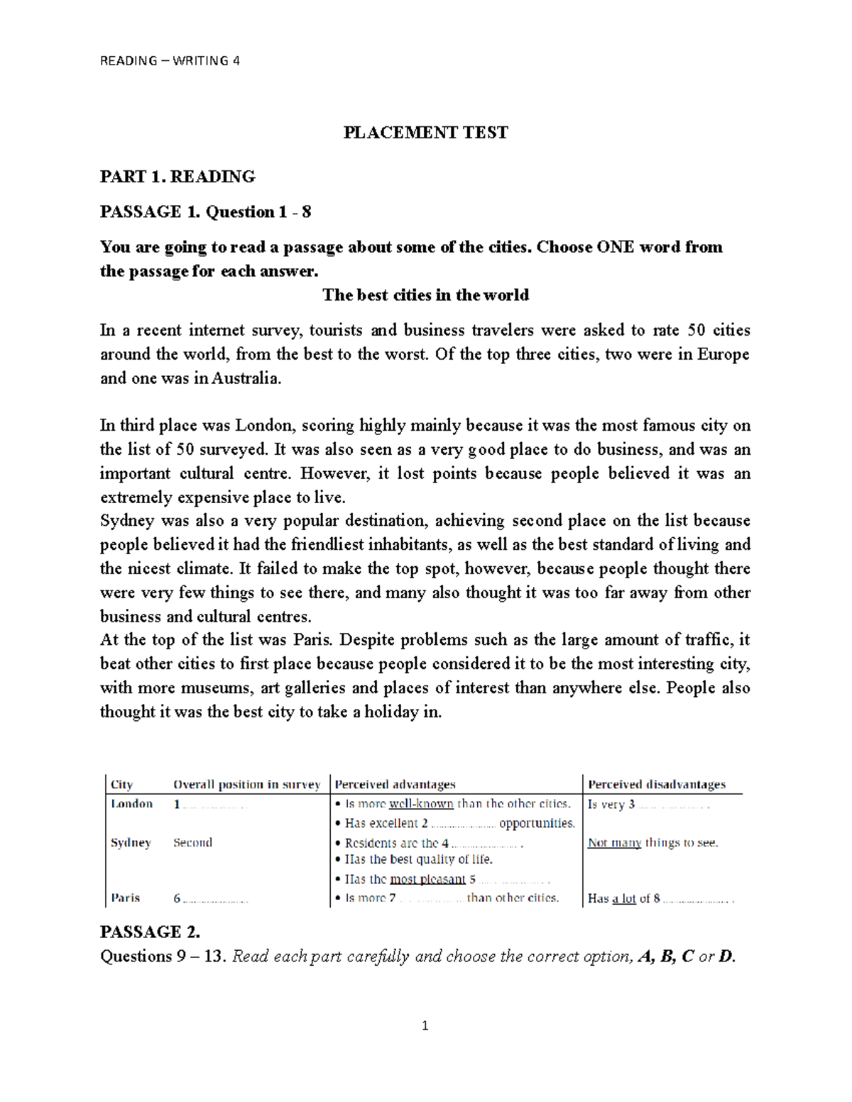 Ielts Placement TEST - READING – WRITING 4 PLACEMENT TEST PART 1 ...