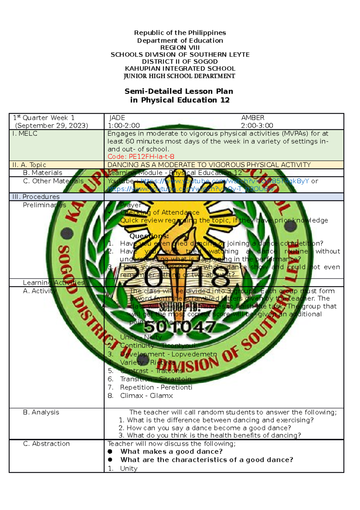 PE LP - lesson plan - Republic of the Philippines Department of ...