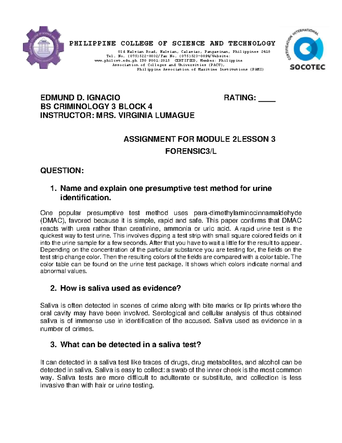 Forensic 3L VAL Edmund Ignacio Assign FOR Module 2 Lesson 3 - PHILIPPINE COLLEGE OF SCIENCE AND ...