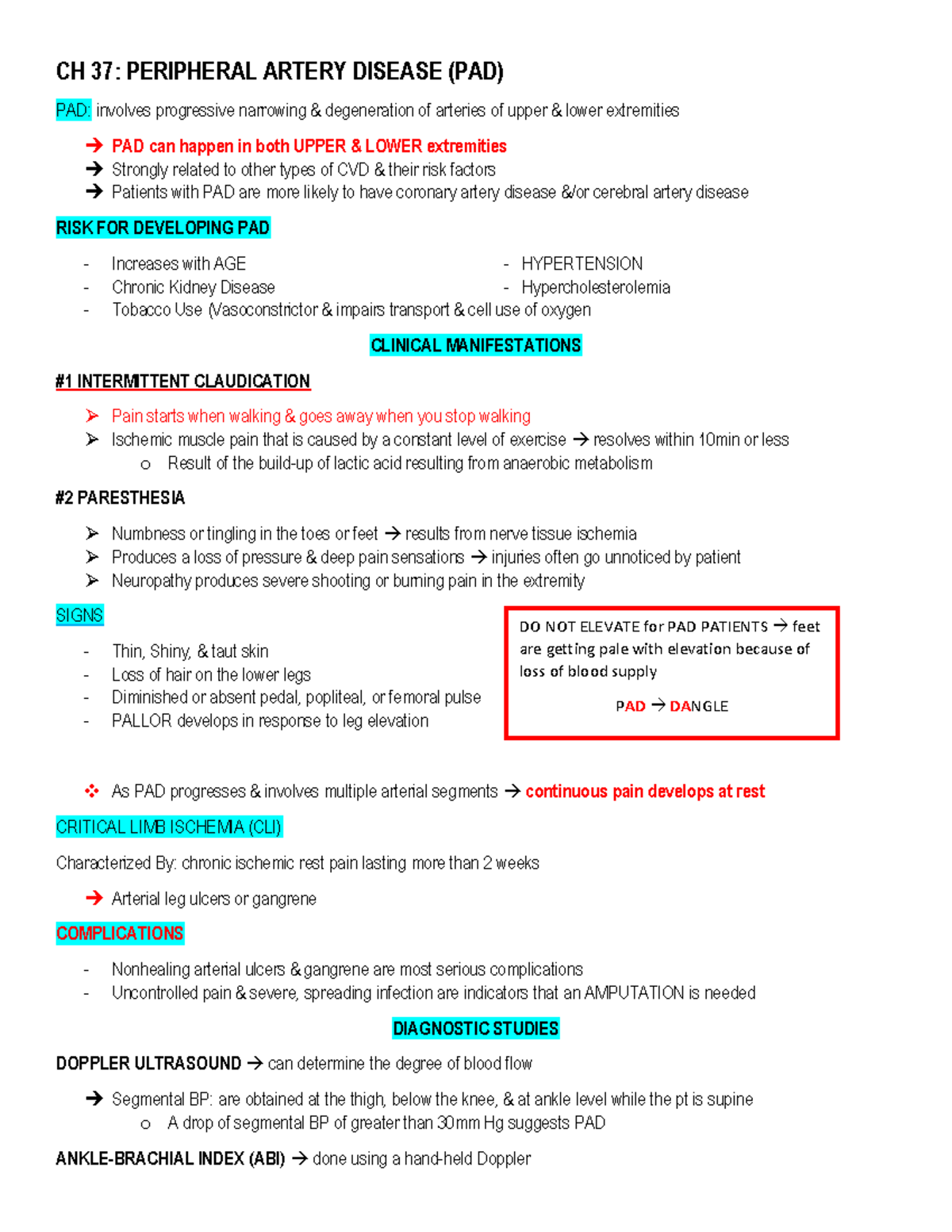 CH 37 PAD Notes pdf - CH 37: PERIPHERAL ARTERY DISEASE (PAD) PAD ...
