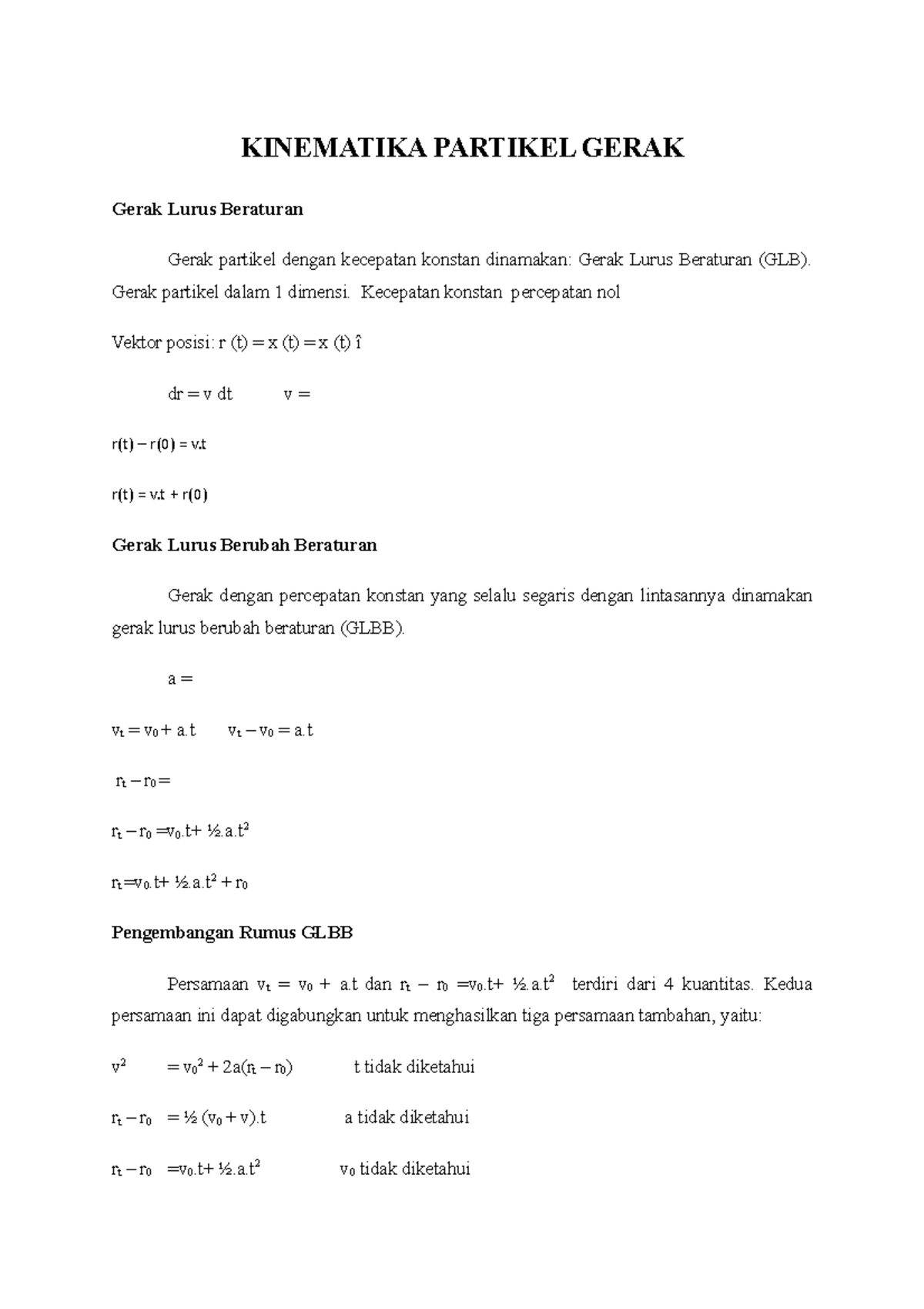 Gerak pada Kinematika Partikel - KINEMATIKA PARTIKEL GERAK Gerak Lurus ...
