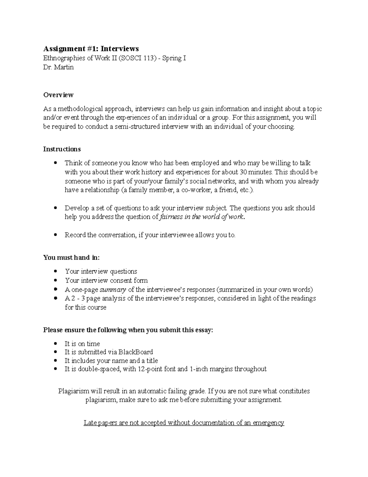 Assignment 1 - Interview - Assignment #1: Interviews Ethnographies of ...