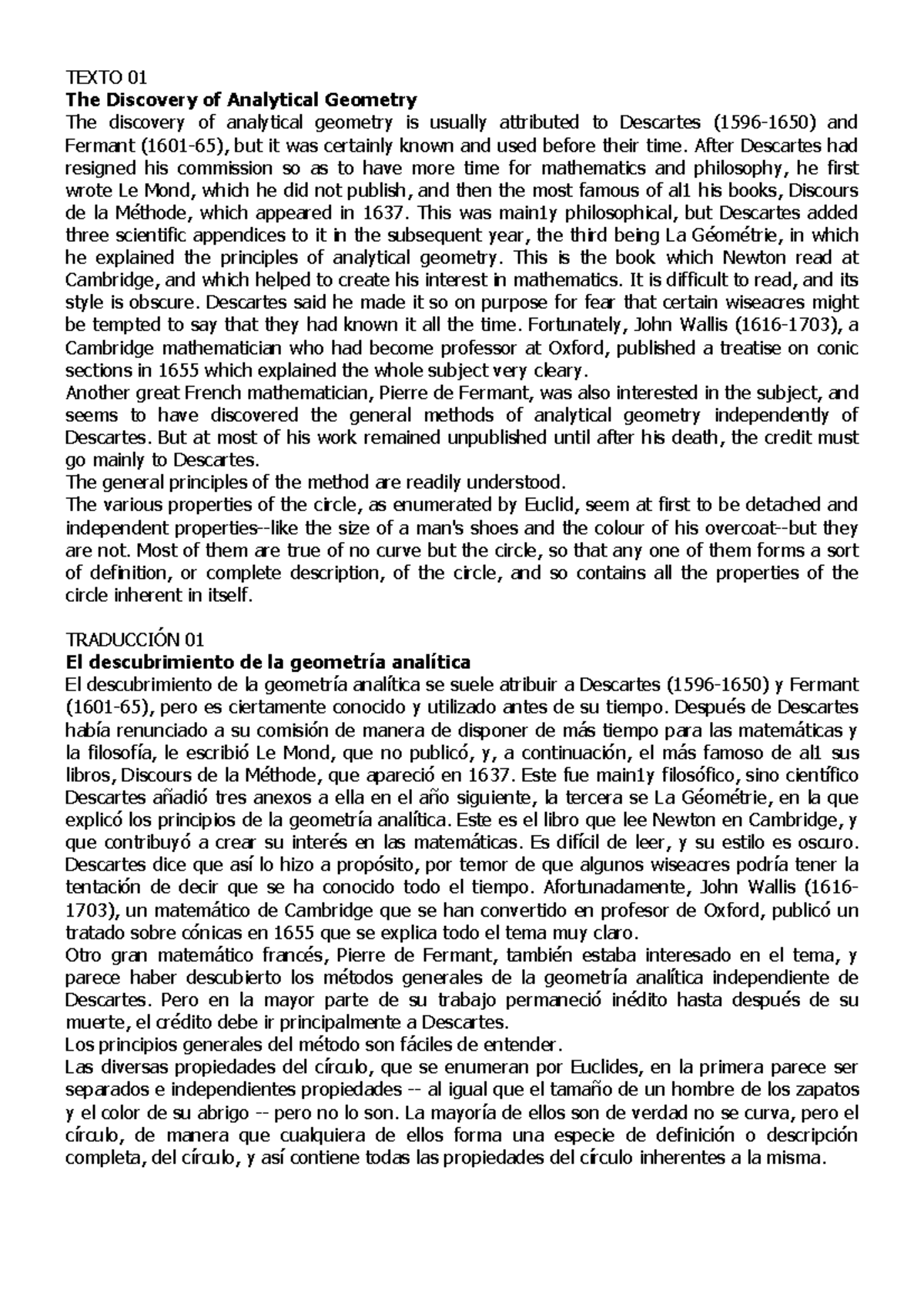 Resumen ingles - TEXTO 01 The Discovery of Analytical Geometry The ...