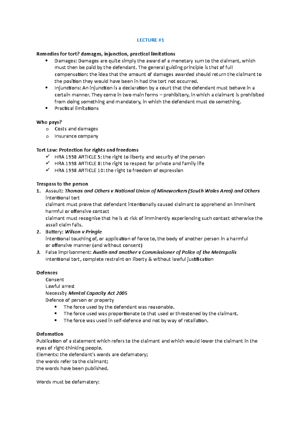 Tort Law Lecture Notes - LECTURE # Remedies for tort? damages ...